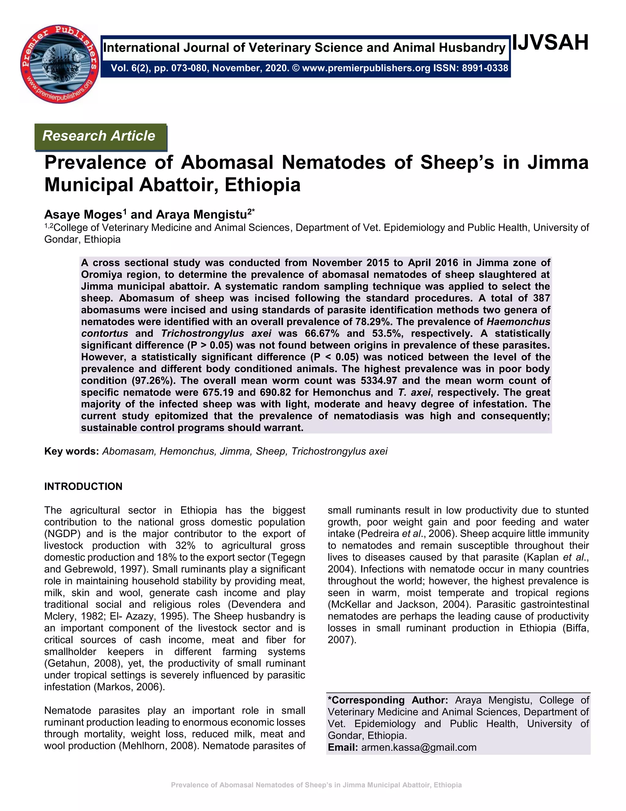 Prevalence of Abomasal Nematodes of Sheep’s in Jimma Municipal Abattoir ...