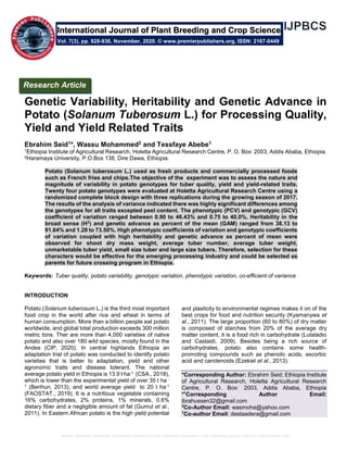 Genetic Variability, Heritability and Genetic Advance in Potato (Solanum Tuberosum L.) for ...