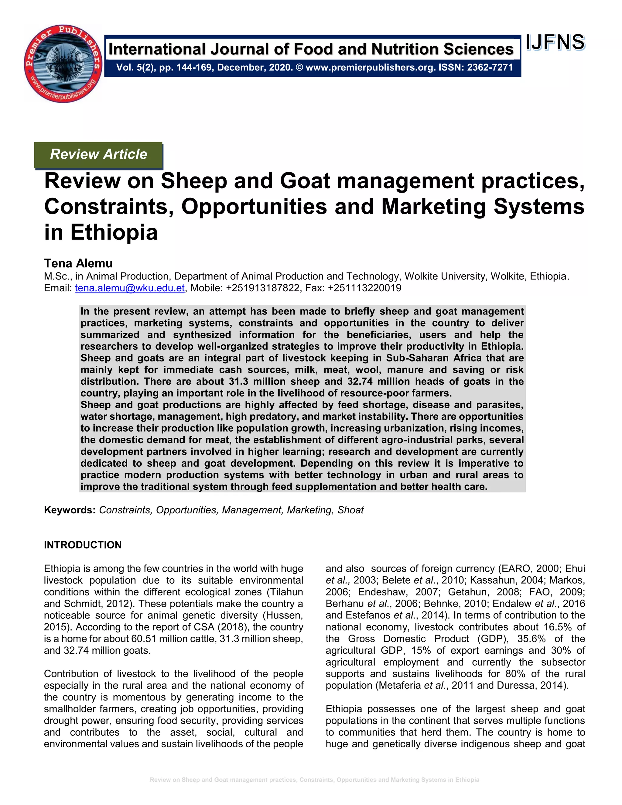 Review on Sheep and Goat management practices, Constraints ...