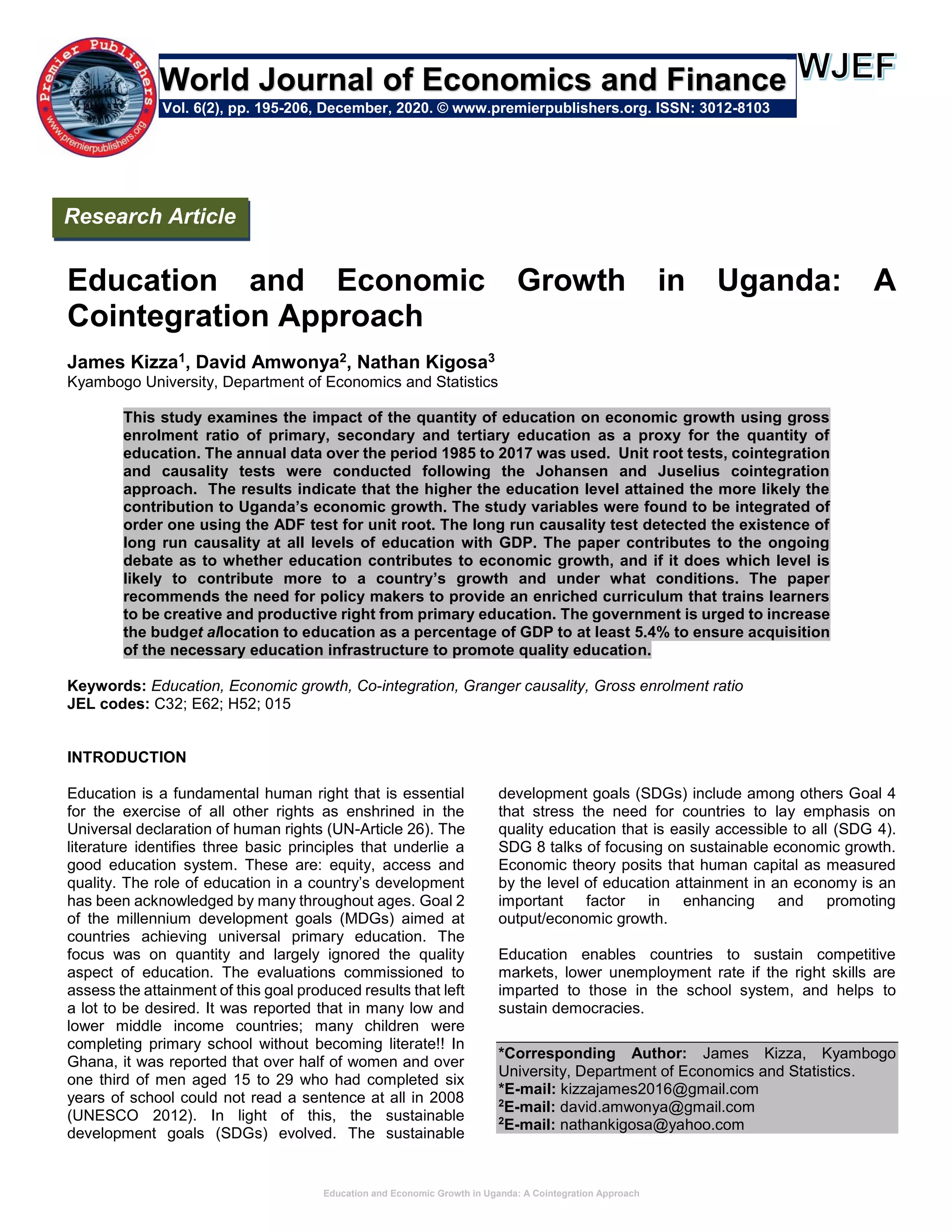 Education and Economic Growth in Uganda: A cointegration approach | PDF