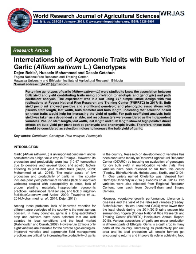 Interrelationship of Agronomic Traits with Bulb Yield of Garlic (Allium sativum L.) Genotypes | PDF