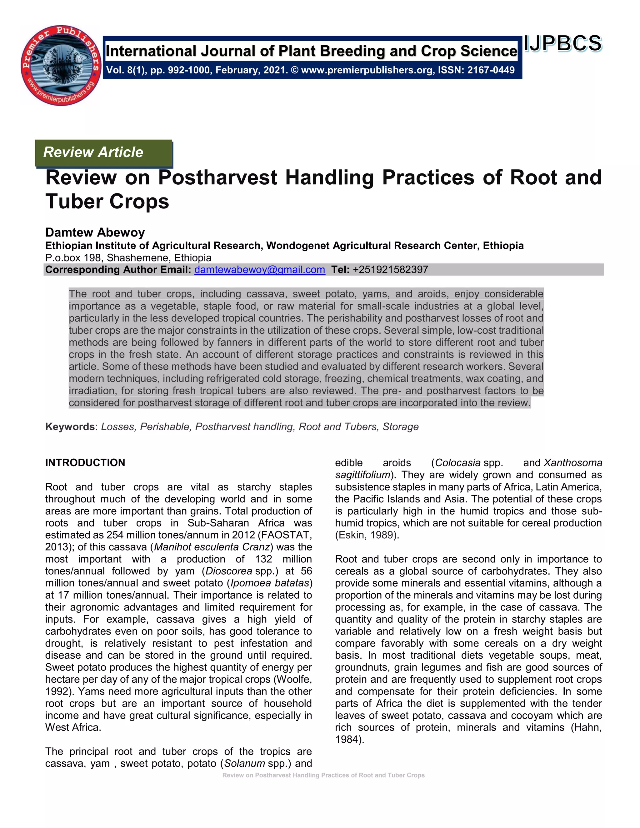 Review on Postharvest Handling Practices of Root and Tuber Crops. | PDF