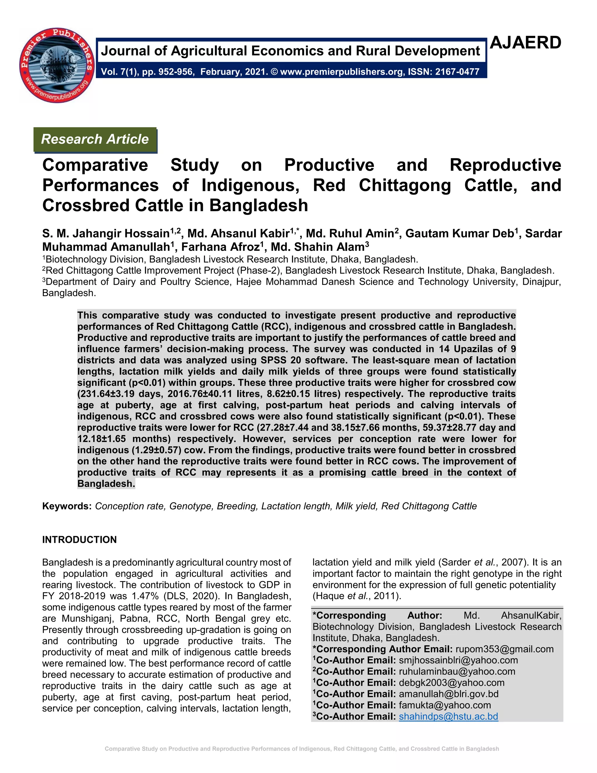 Comparative Study on Productive and Reproductive Performances of Indigenous, Red Chittagong ...