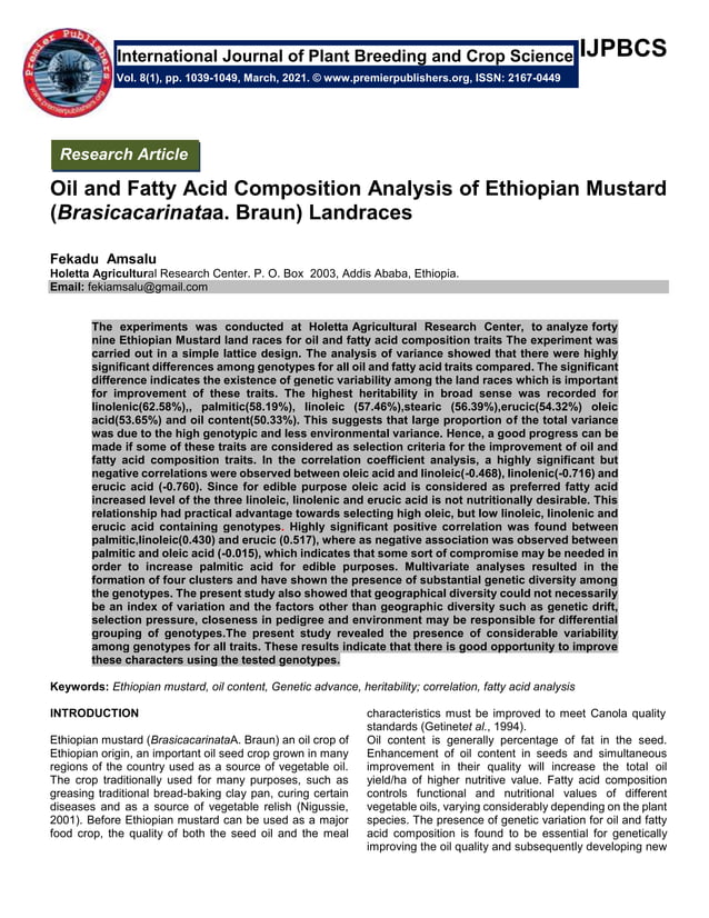 Oil and Fatty Acid Composition Analysis of Ethiopian Mustard ...