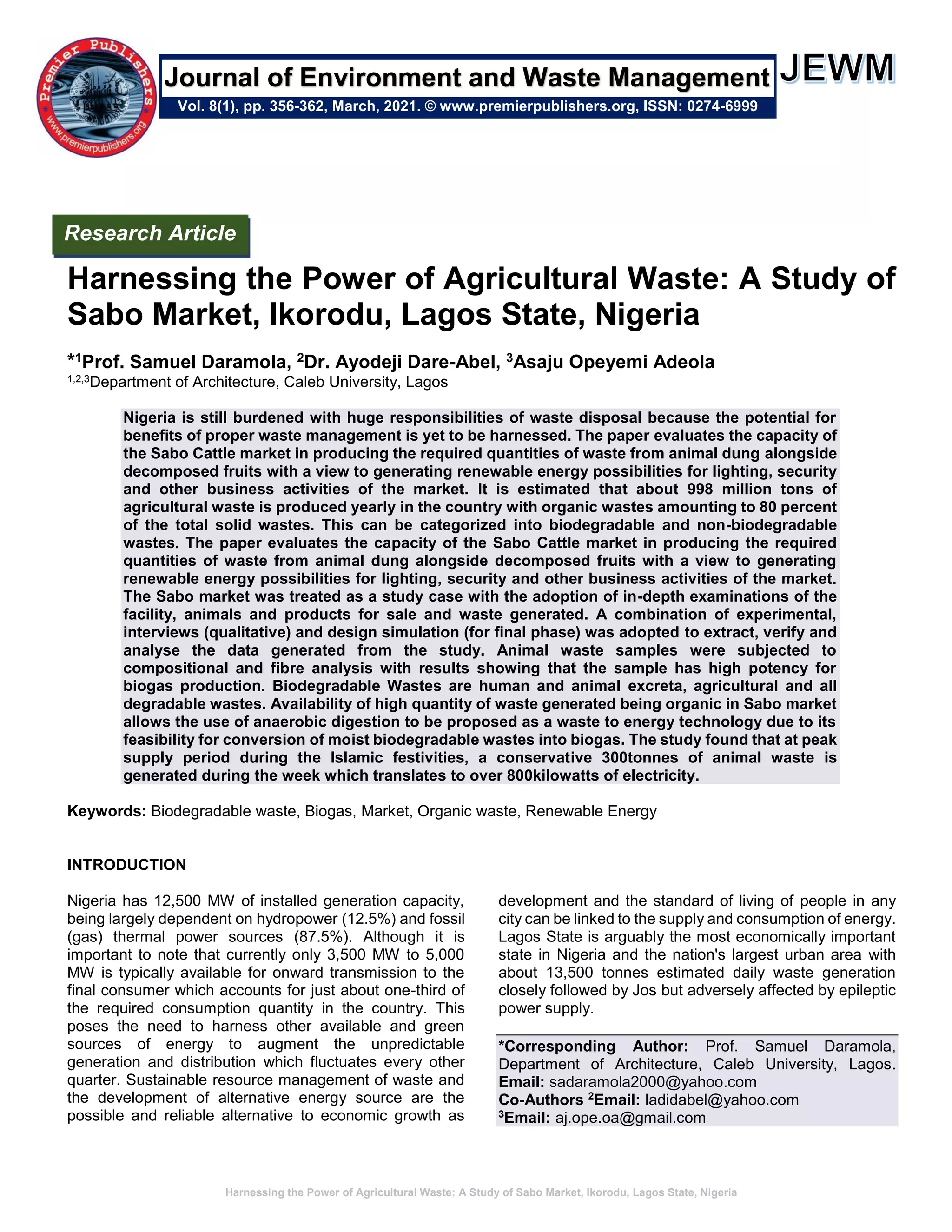 Harnessing the Power of Agricultural Waste: A Study of Sabo Market ...