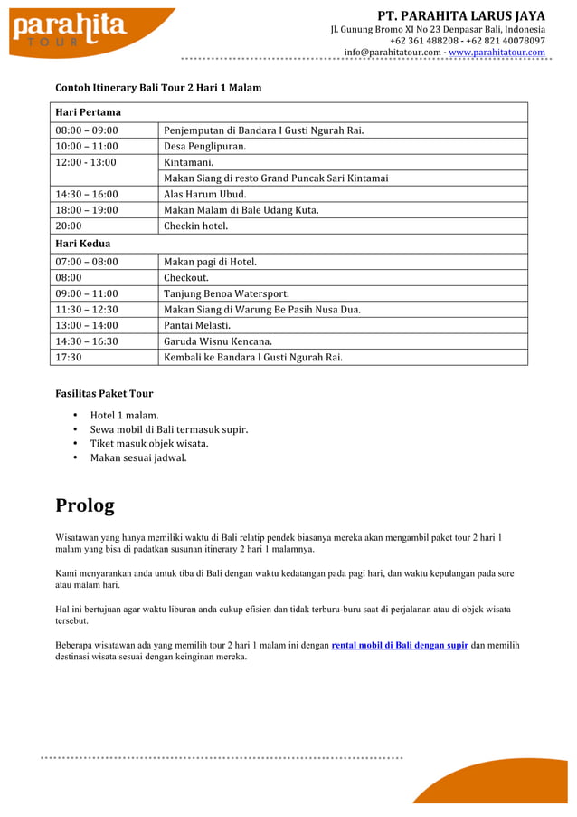 Contoh itinerary bali tour 2 hari 1 malam | PDF