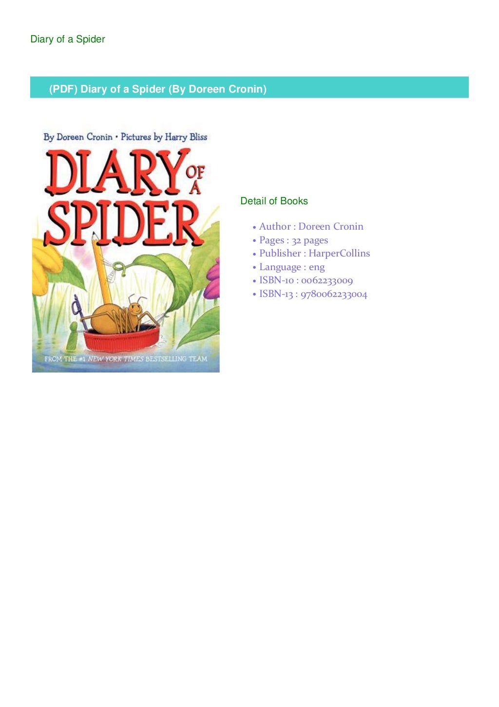 (PDF) Diary of a Spider (By Doreen Cronin)