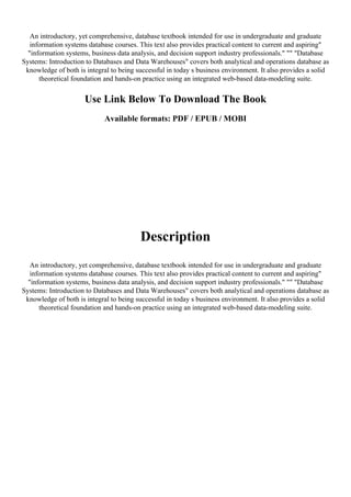 PDF Ebook Database Systems: Introduction to Databases and Data ...