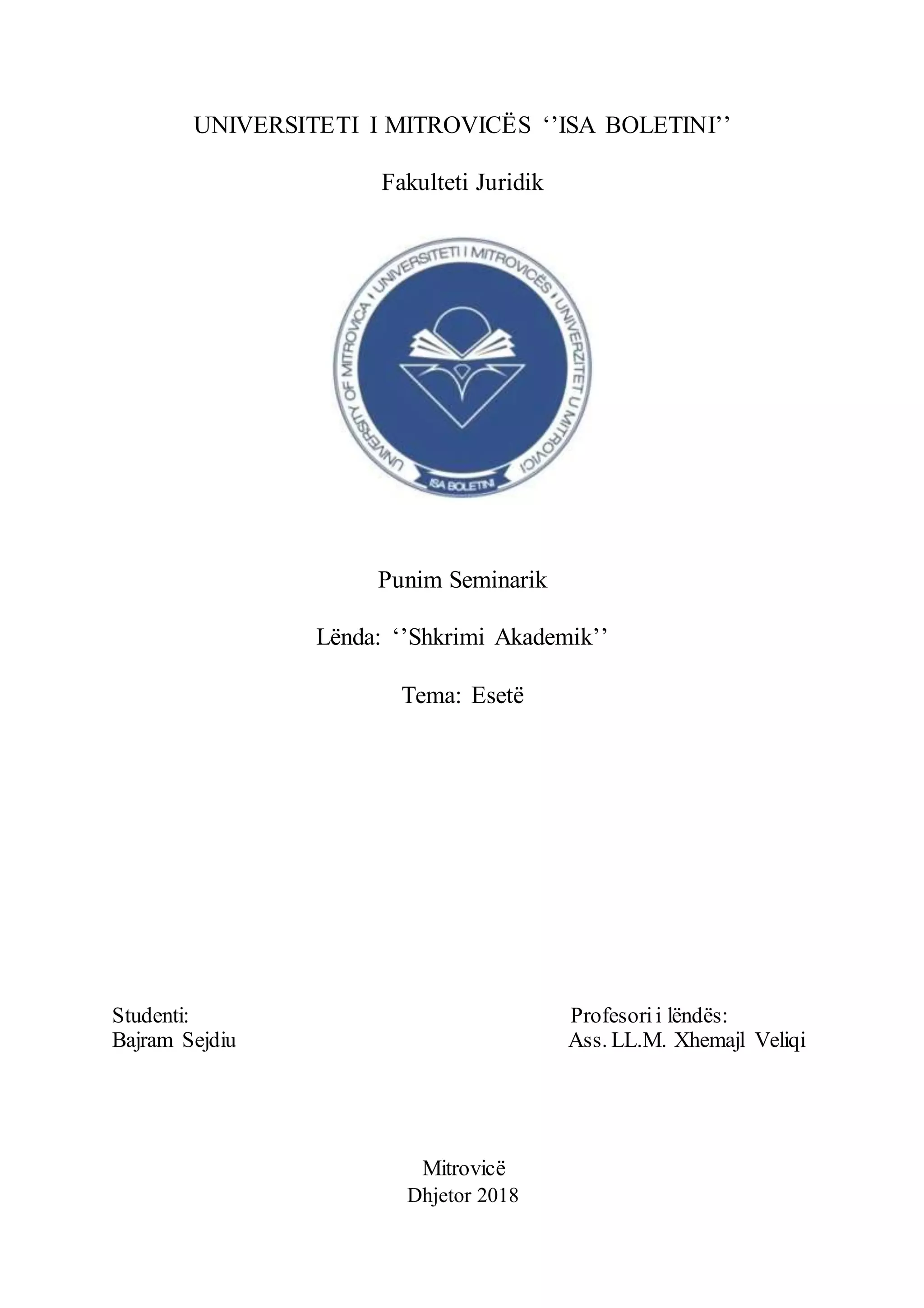 Punim Seminarik Esetë - Bajram Sejdiu ( Përshkruese, Shpjeguese ...