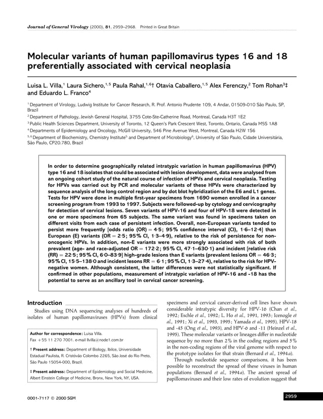 Molecular variants of human papillomavirus types 16 and 18 preferentially associated with ...