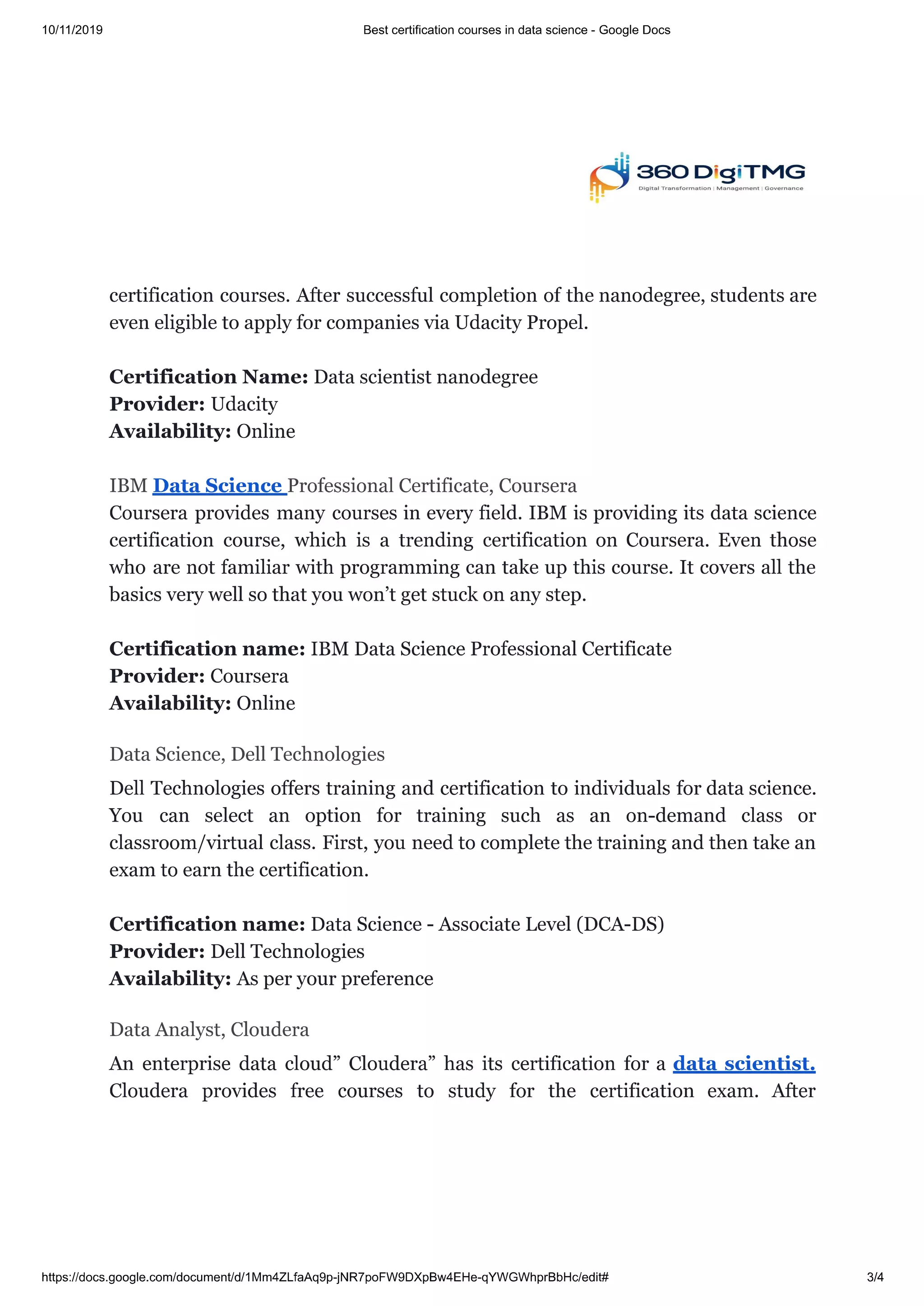certification courses in data science | PDF