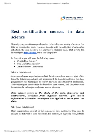 certification courses in data science | PDF