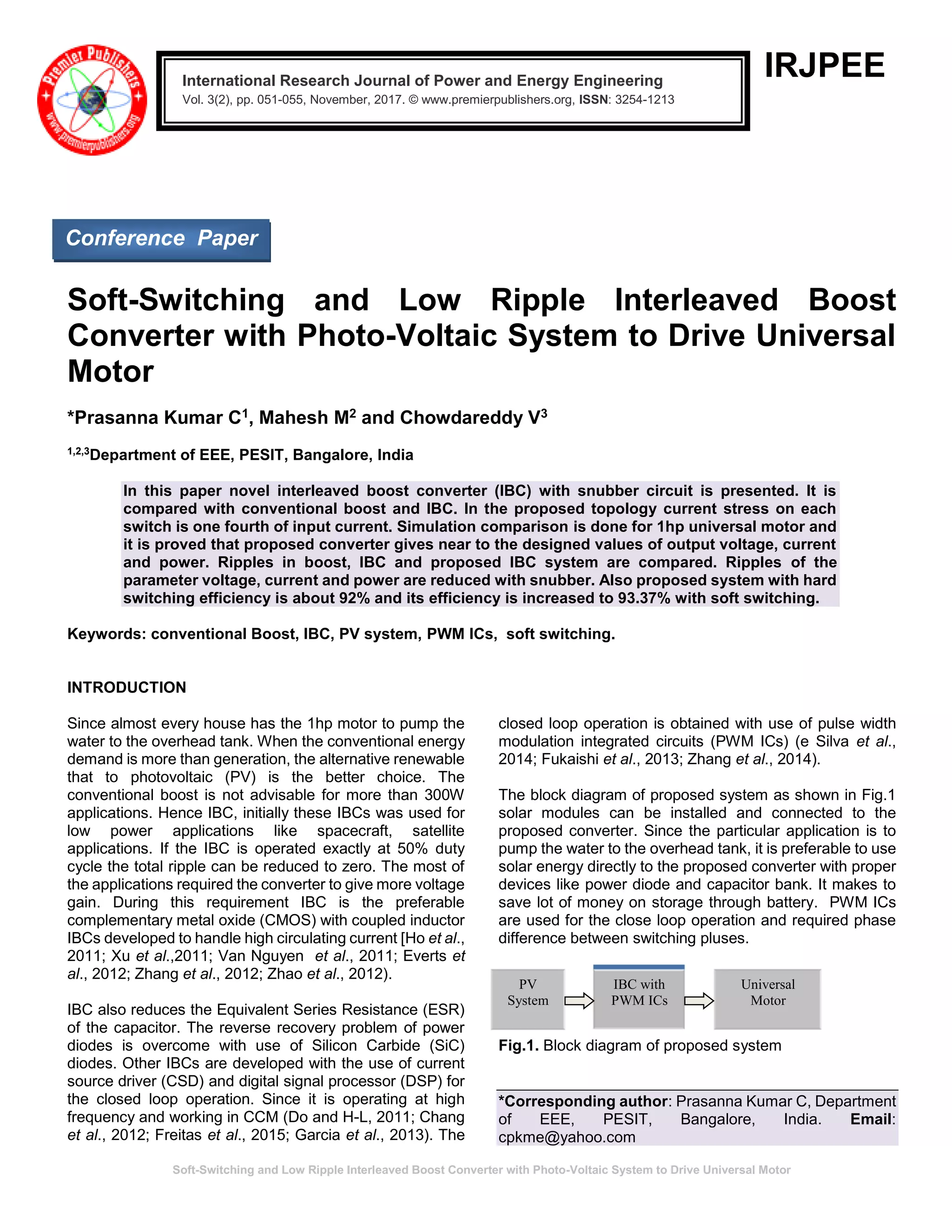 Soft-Switching and Low Ripple Interleaved Boost Converter with Photo-Voltaic System to Drive ...