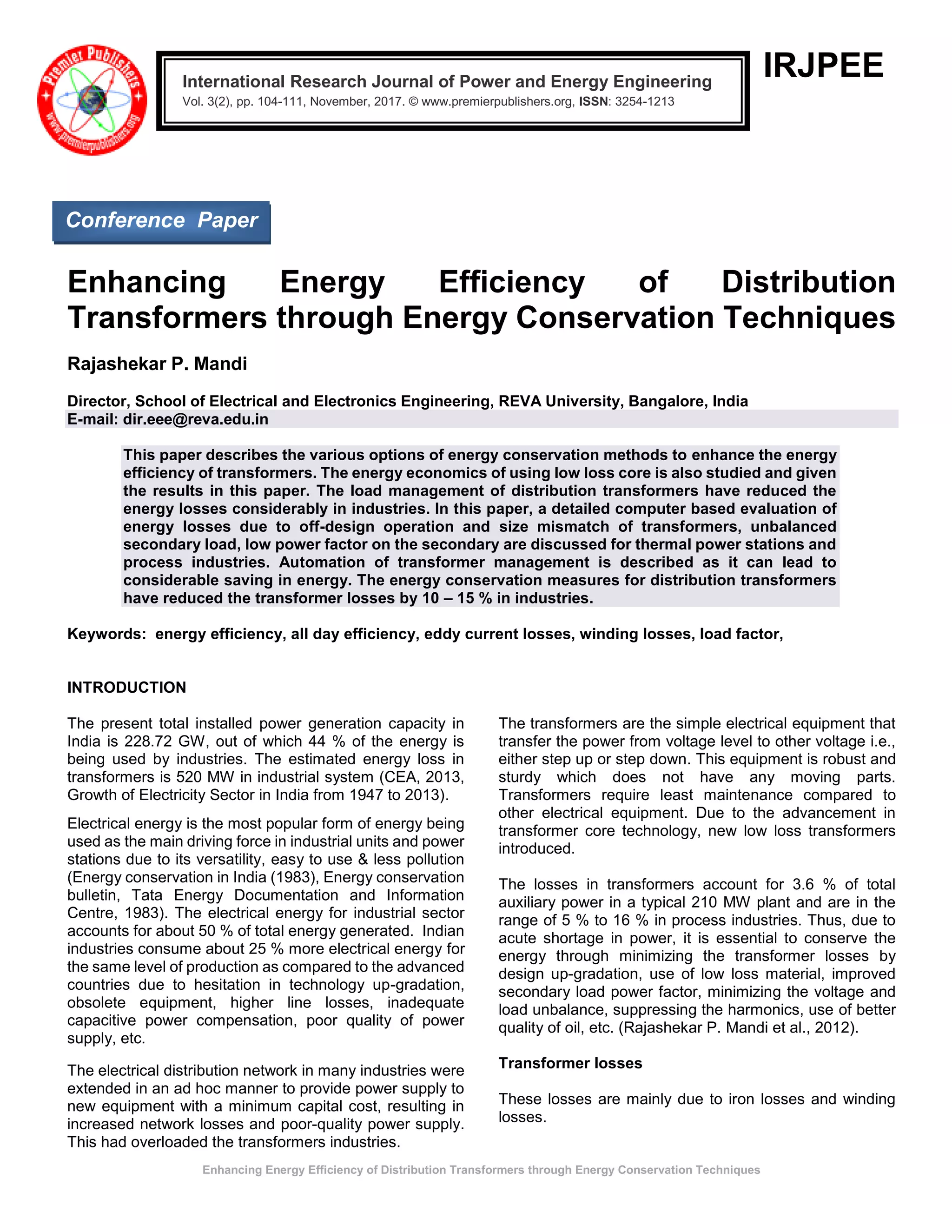 Enhancing Energy Efficiency of Distribution Transformers through Energy ...