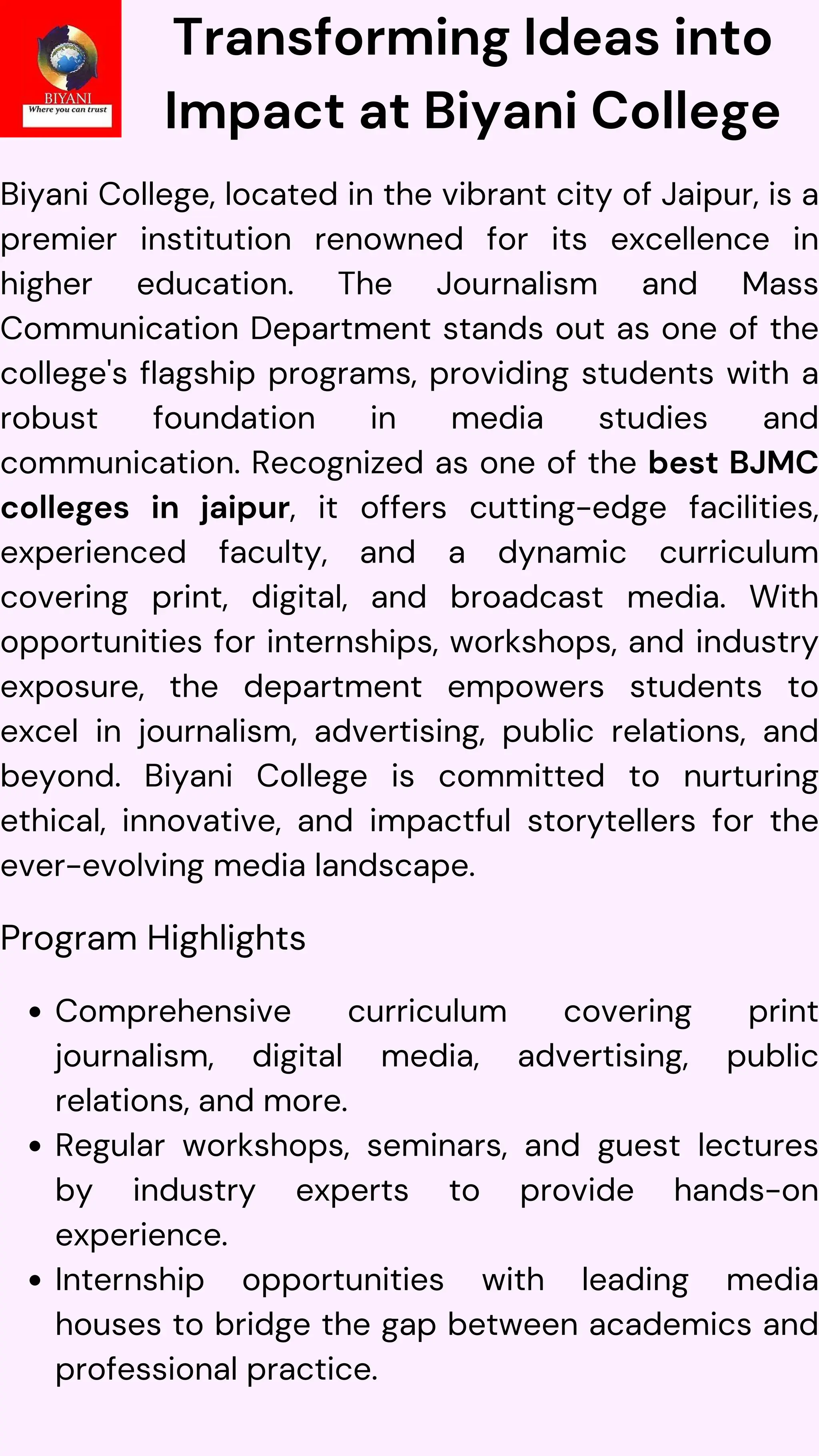 Transforming Ideas into Impact at Biyani College | PDF