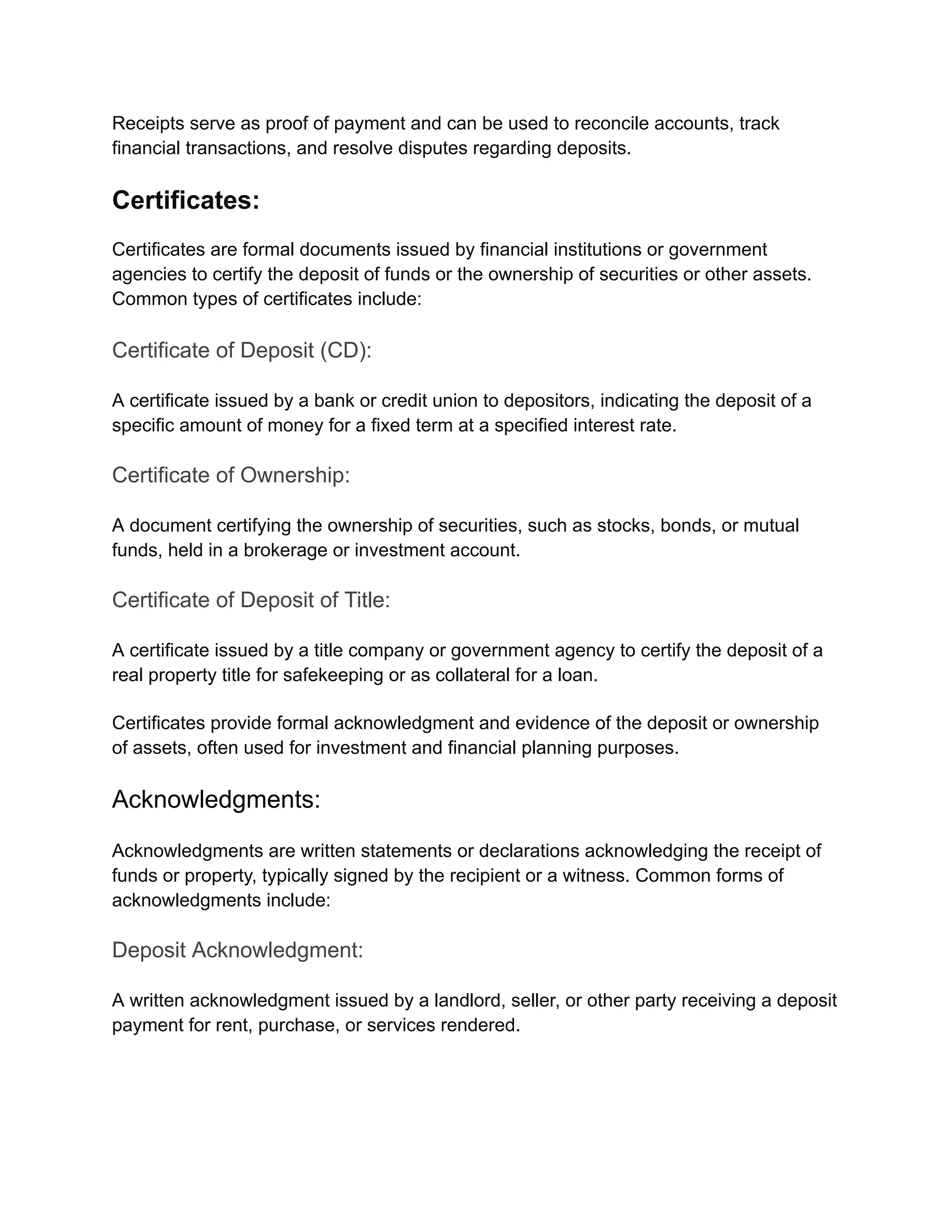 Deposit Documentation: Receipts, Certificates, and Acknowledgments for ...