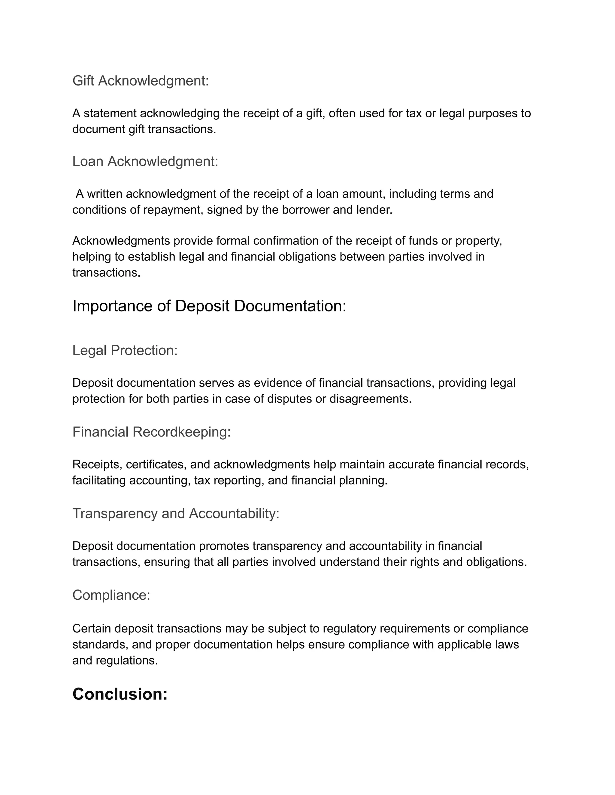 Deposit Documentation: Receipts, Certificates, and Acknowledgments for ...