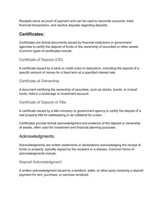 Deposit Documentation: Receipts, Certificates, and Acknowledgments for ...