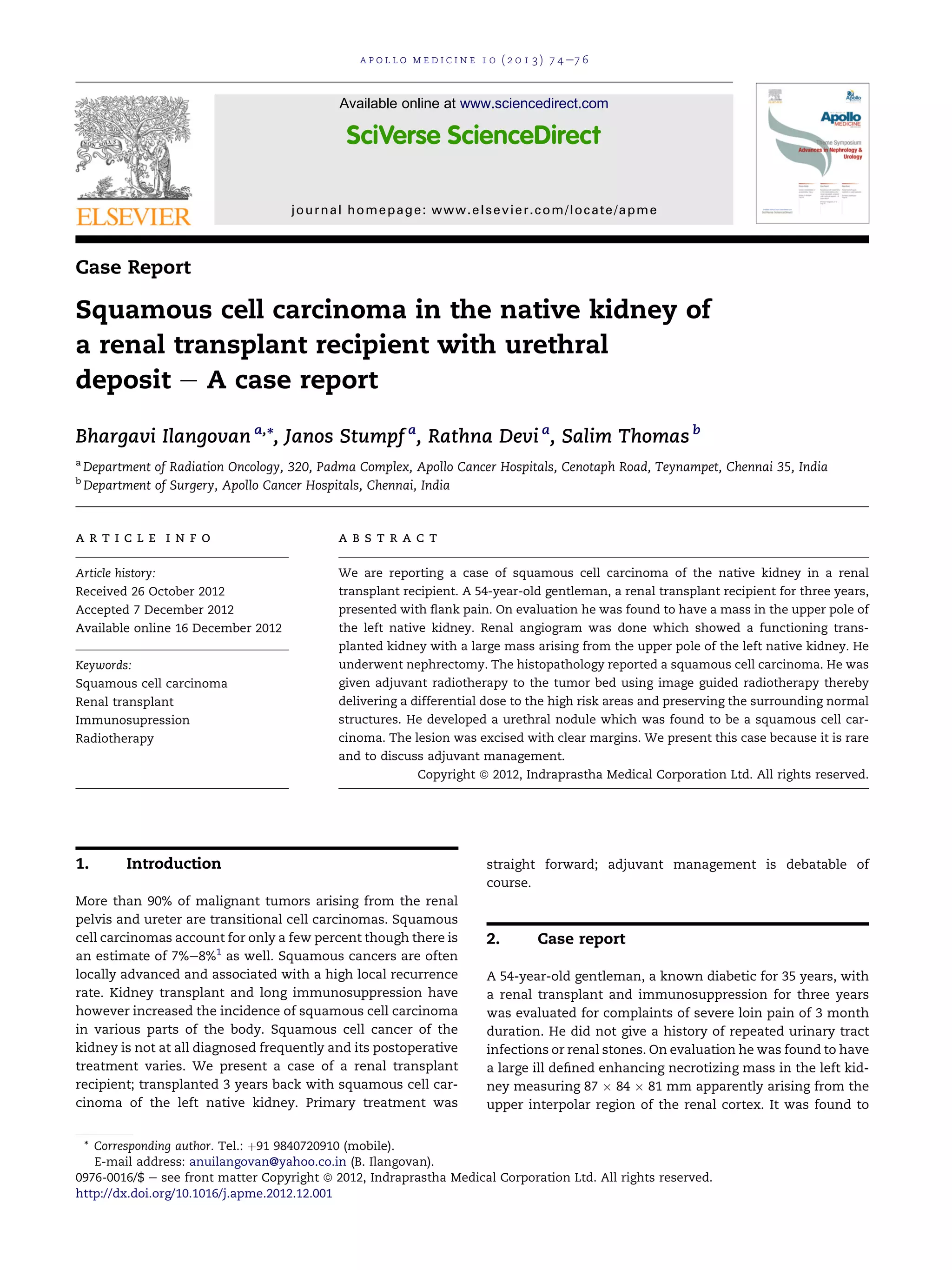 Squamous Cell Carcinoma in the Native Kidney of a Renal Transplant Recipient with Urethral ...