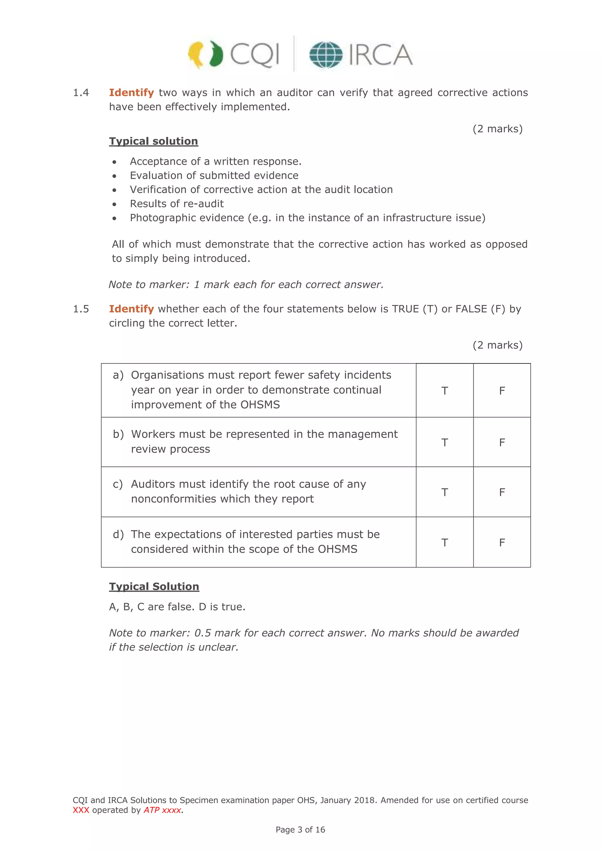 OHSMS exam solutions Jan2018 | PDF