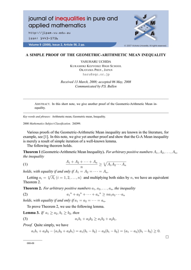 A SIMPLE PROOF OF THE GEOMETRIC-ARITHMETIC MEAN INEQUALITY | PDF