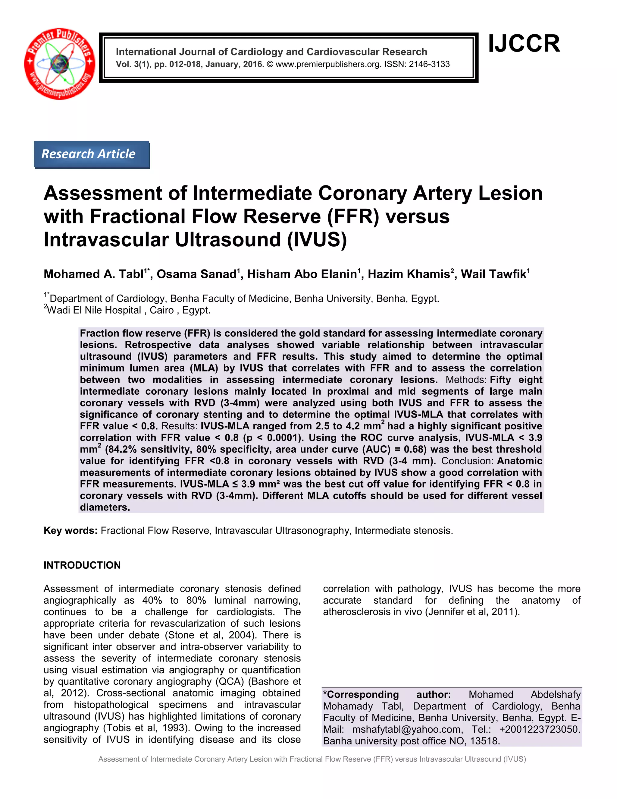 Assessment of Intermediate Coronary Artery Lesion with Fractional Flow ...