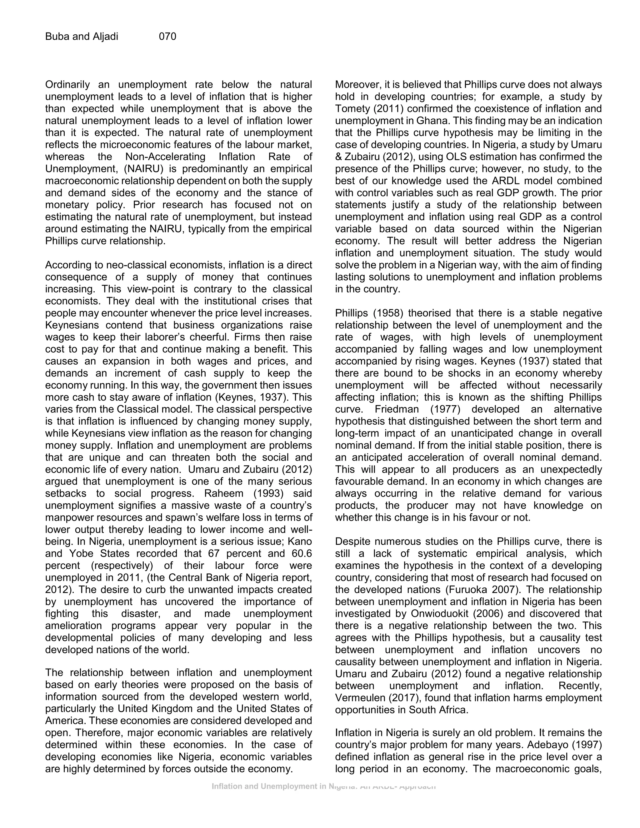 Inflation and Unemployment in Nigeria: An ARDL- Approach | PDF