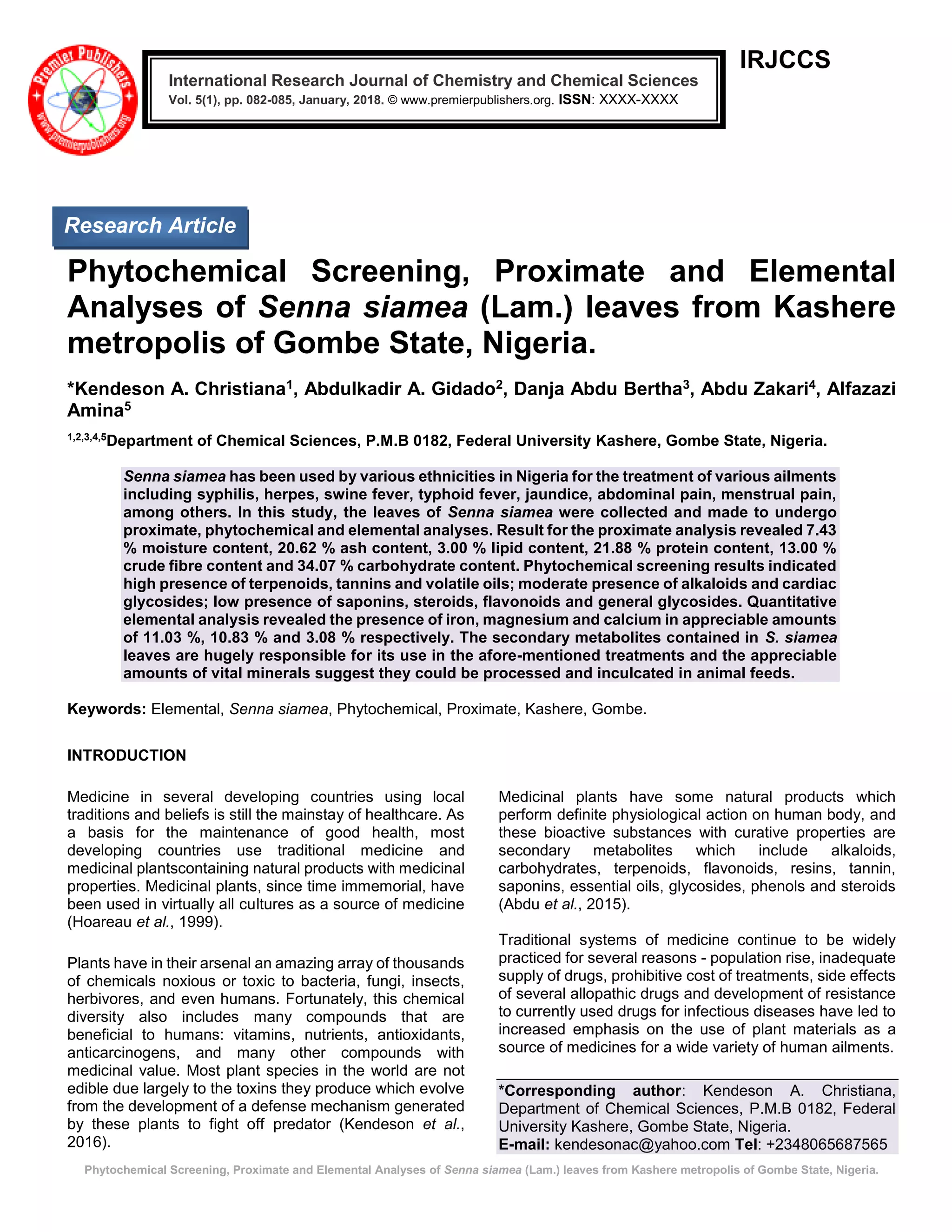 Phytochemical Screening, Proximate and Elemental Analyses of Senna siamea (Lam.) leaves from ...