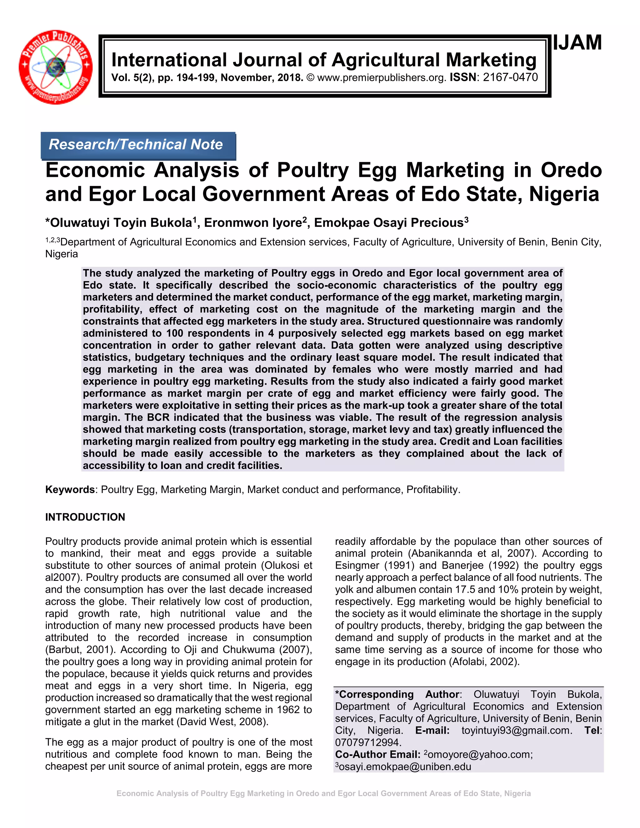 Economic Analysis of Poultry Egg Marketing in Oredo and Egor Local ...