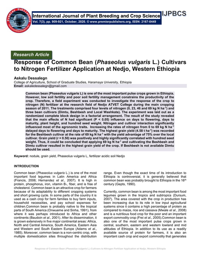Response of Common Bean (Phaseolus vulgaris L.) Cultivars to Nitrogen ...