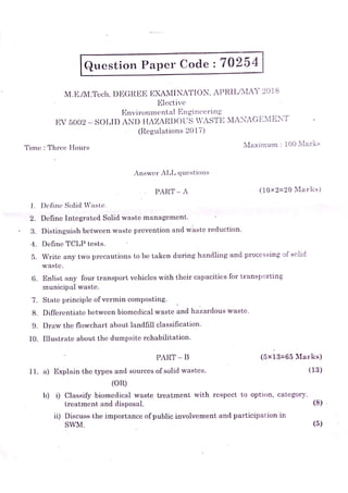 Ev5002 Solid and hazardous waste management-previous year question ...