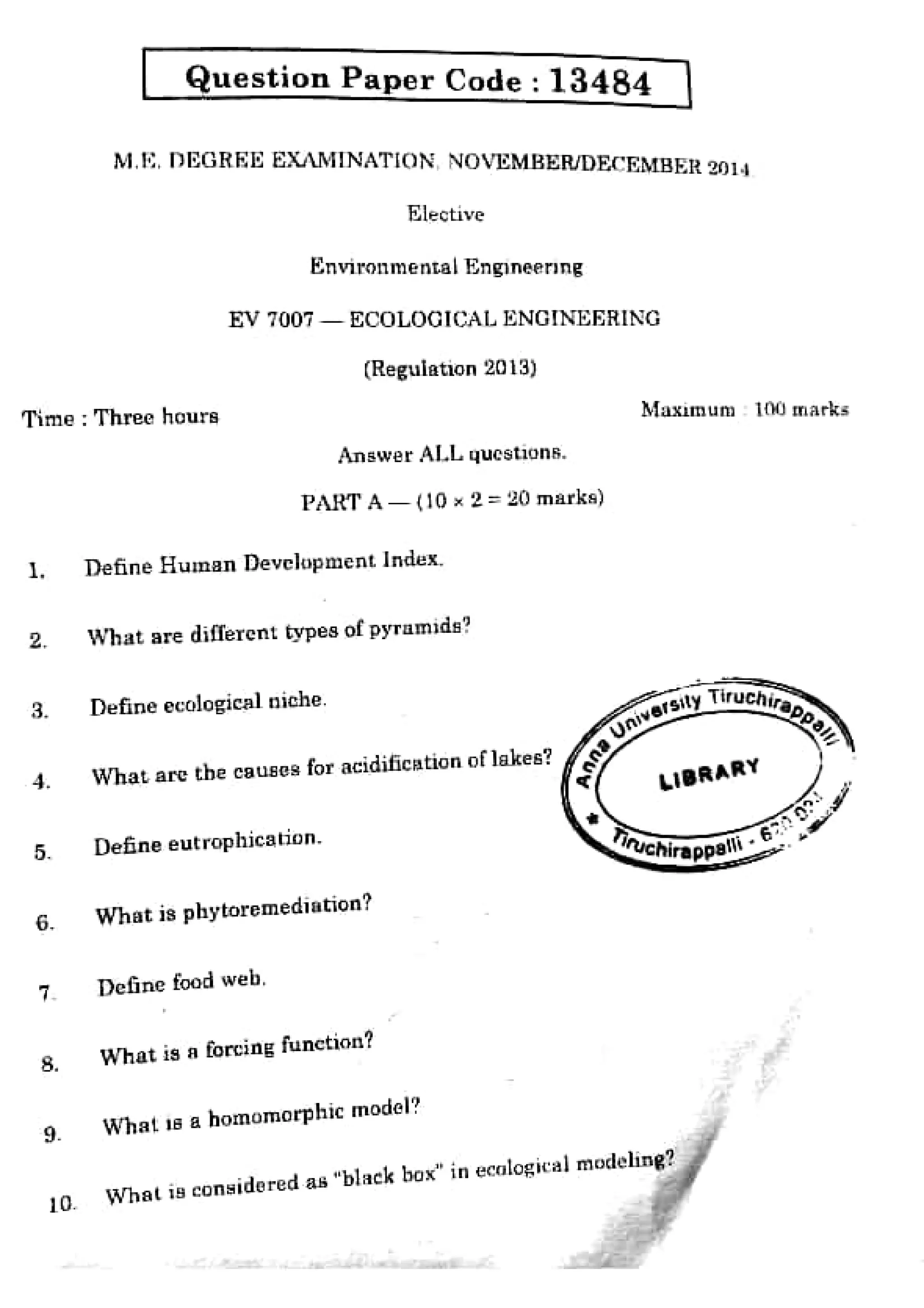 EV5001-Ecological Engineering-previous year question paper | PDF