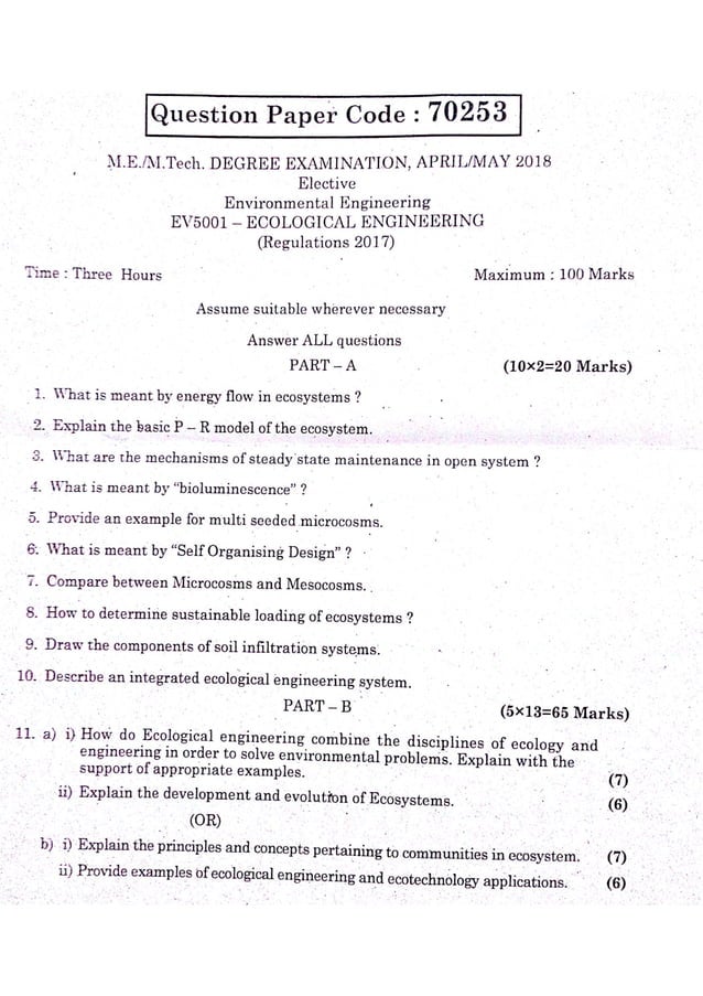 EV5001-Ecological Engineering-previous year question paper | PDF