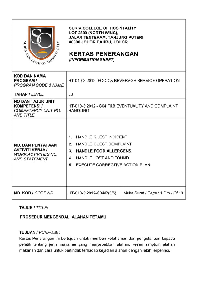 KERTAS PENERANGAN: PROSEDUR MENGENDALI ALAHAN TETAMU | PDF