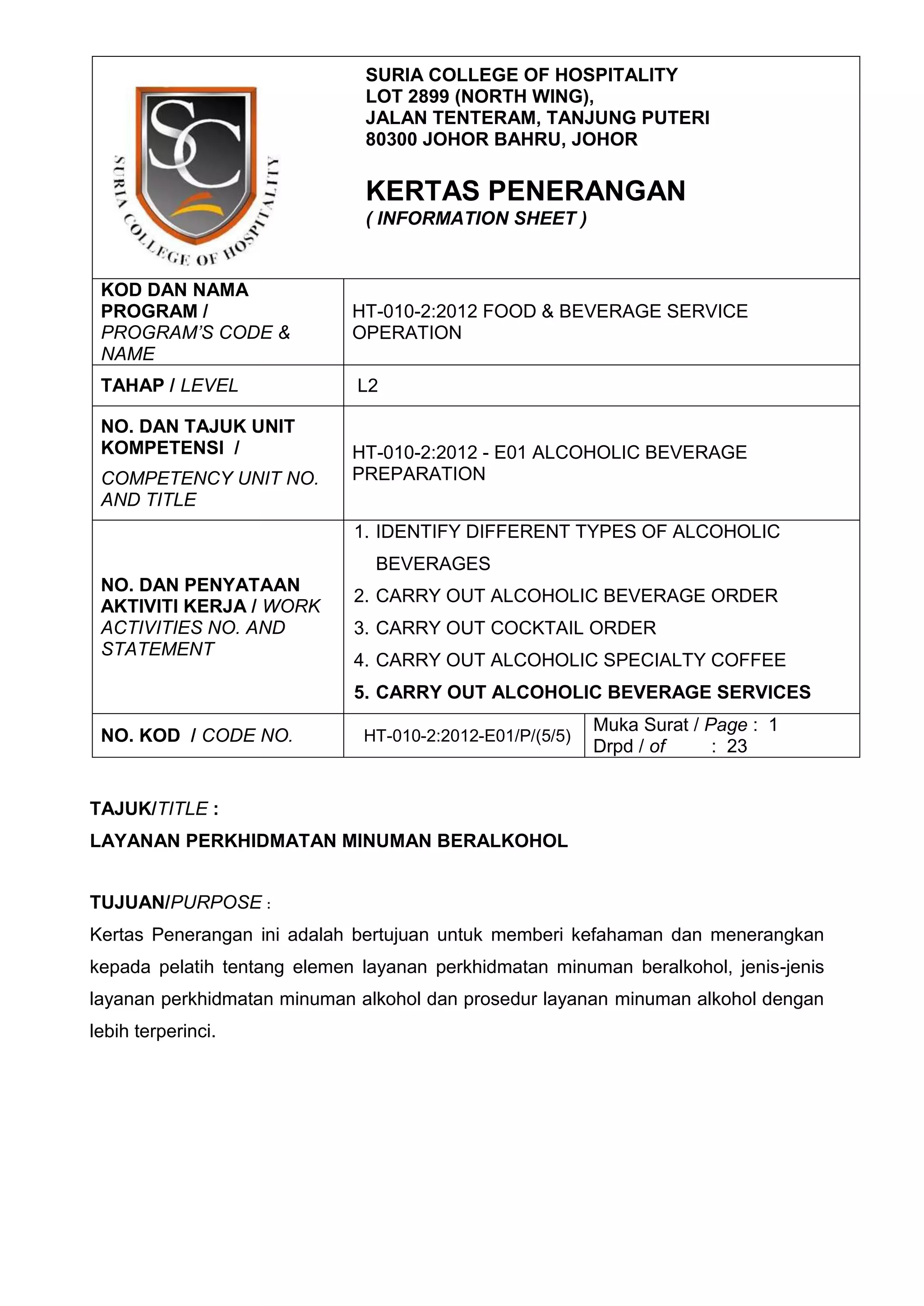 KERTAS PENERANGAN: LAYANAN PERKHIDMATAN MINUMAN BERALKOHOL | PDF