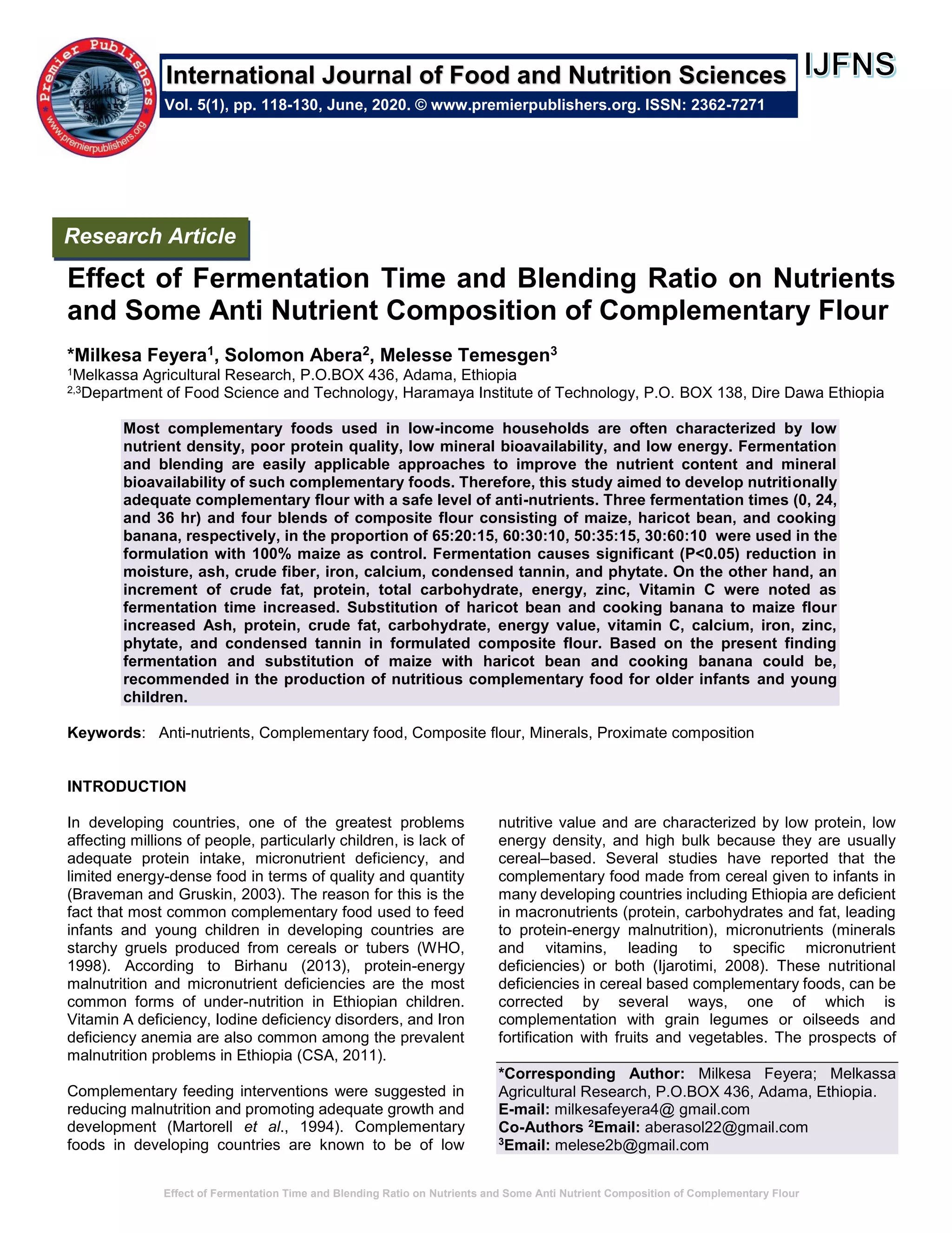 Effect of Fermentation Time and Blending Ratio on Nutrients and Some Anti Nutrient Composition ...