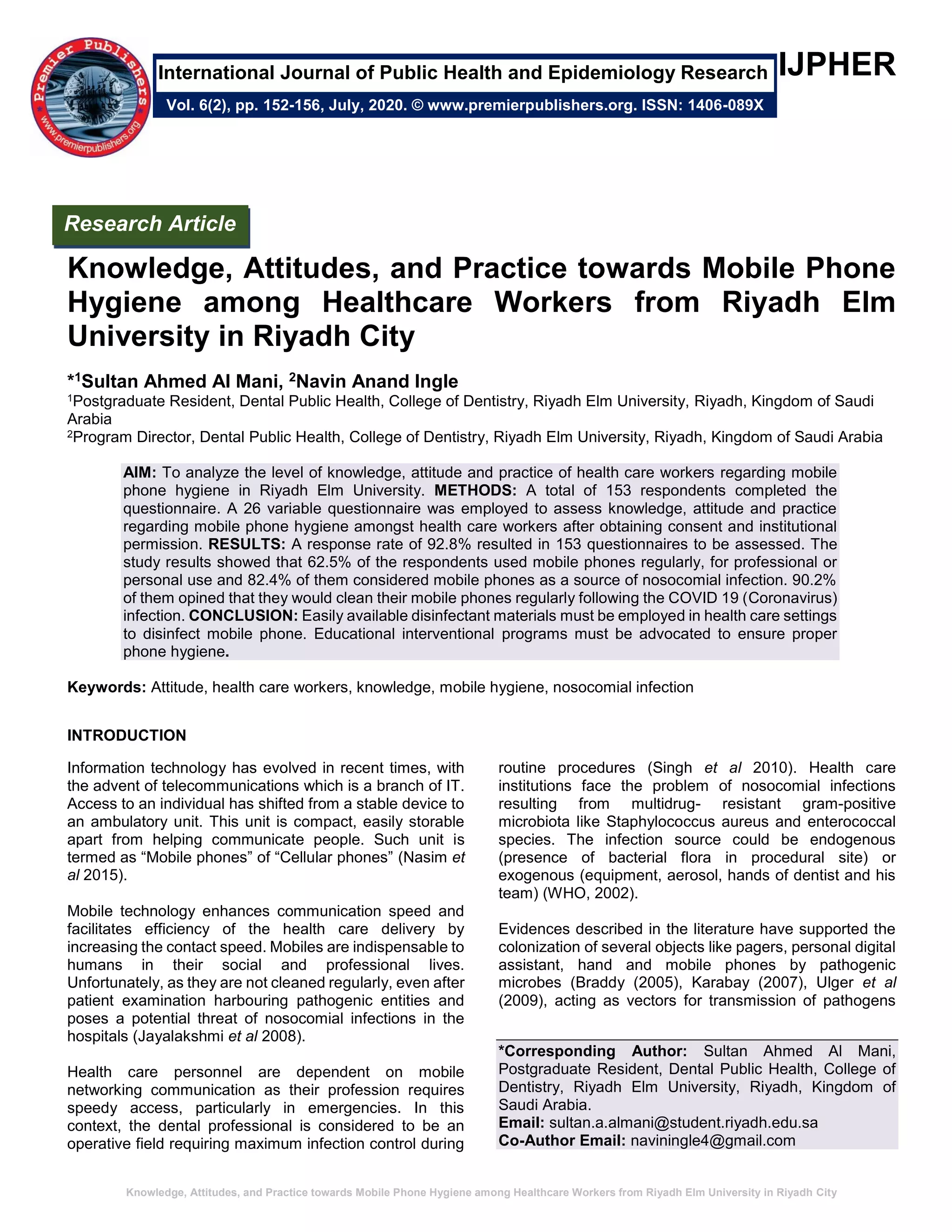 Knowledge, Attitudes, and Practice towards Mobile Phone Hygiene among ...