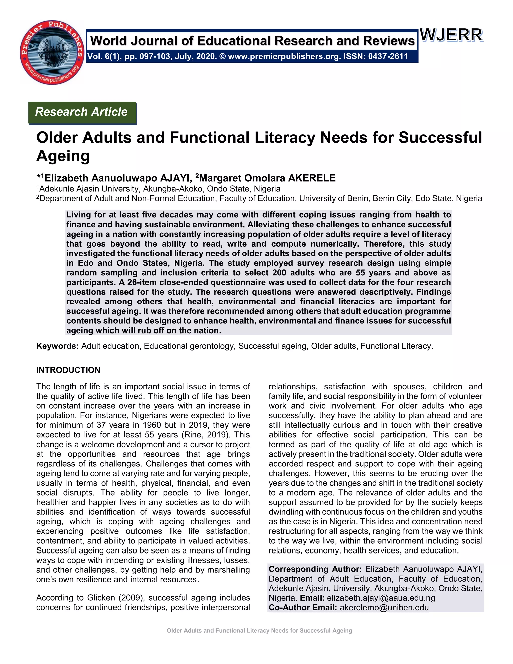 Older Adults and Functional Literacy Needs for Successful Ageing | PDF