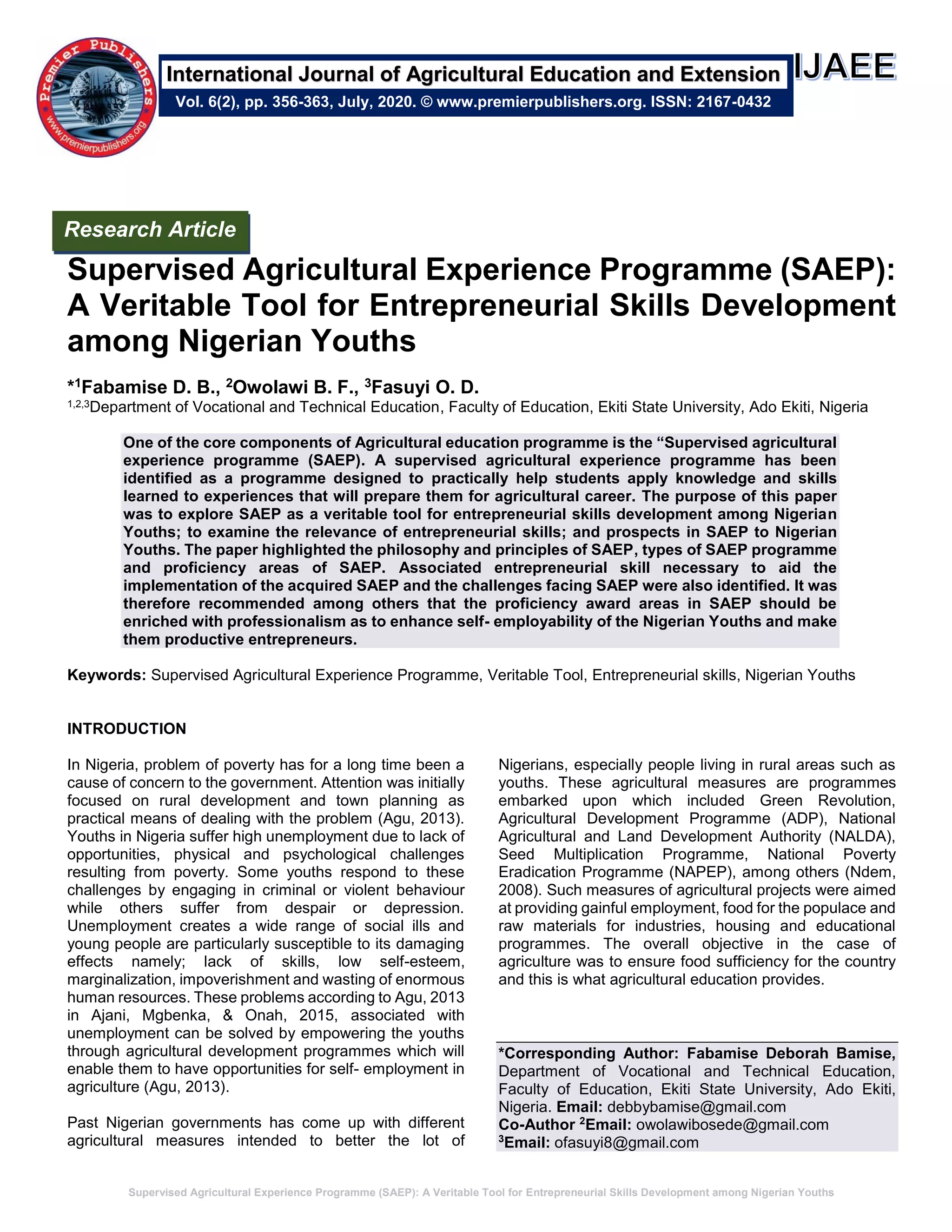 Supervised Agricultural Experience Programme (SAEP): A Veritable Tool ...