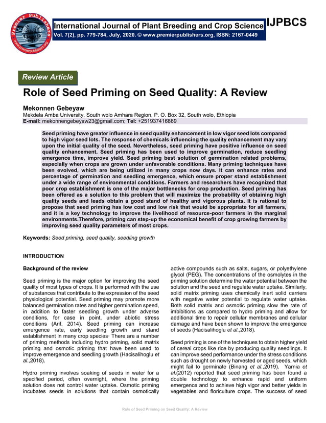 Role of Seed Priming on Seed Quality: A Review | PDF