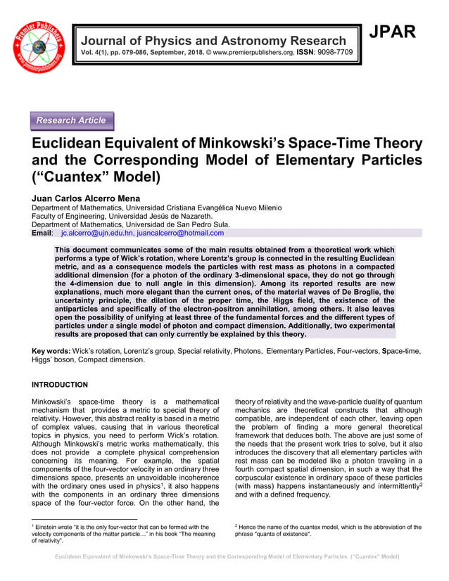 Euclidean Equivalent of Minkowski’s Space-Time Theory and the Corresponding Model of Elementary ...
