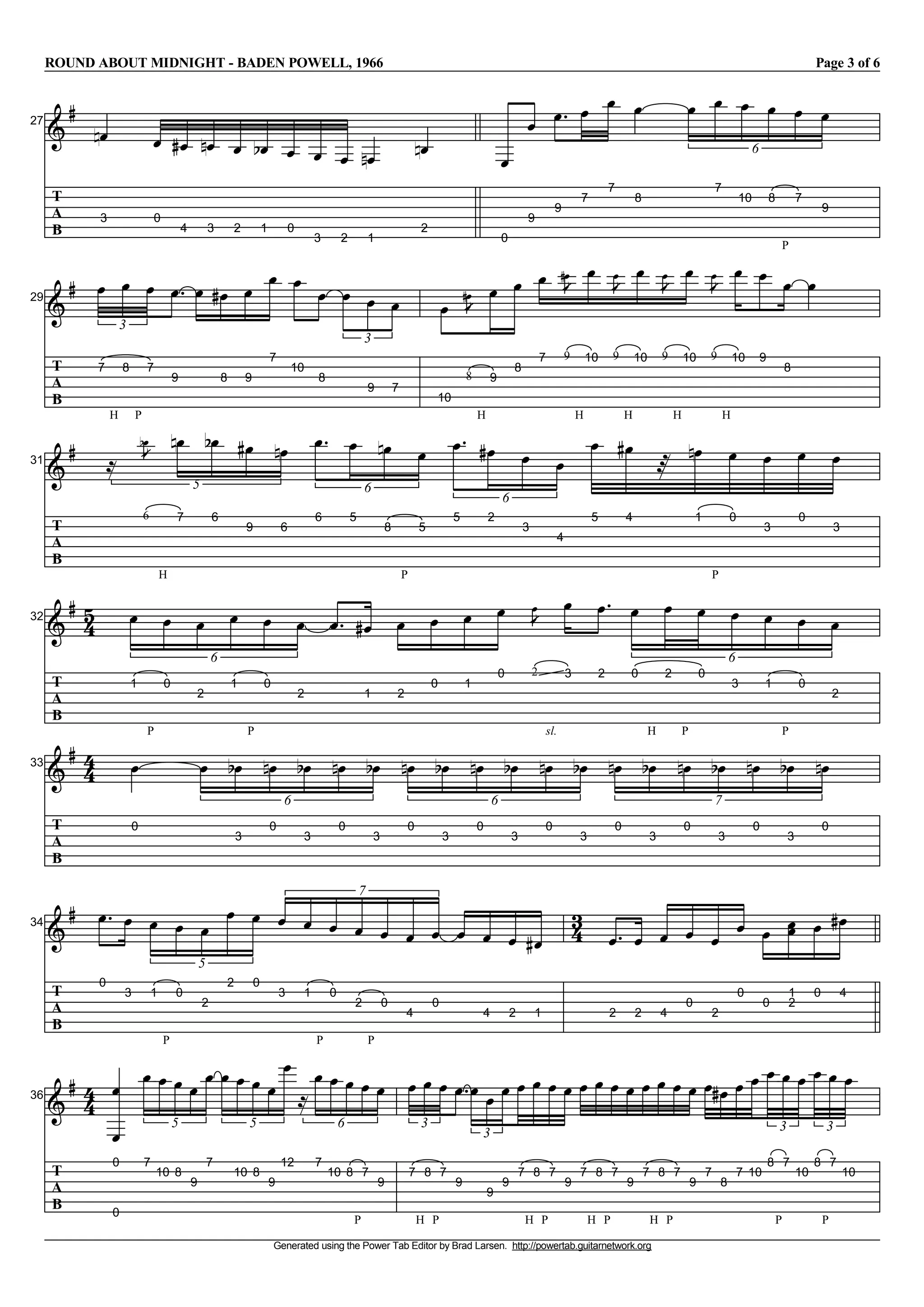 Tablatura - Round About Midnight - Baden Powell | PDF