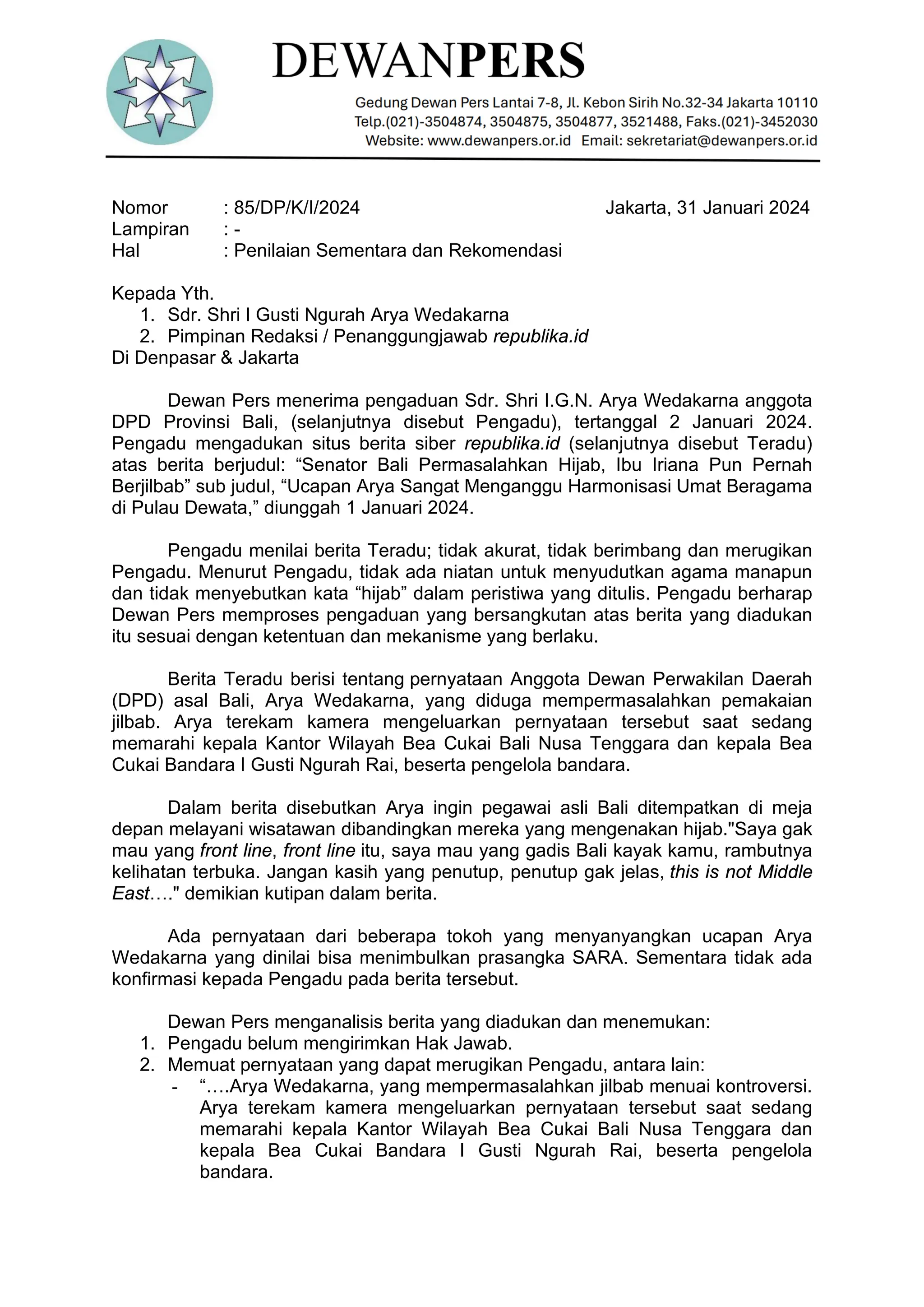 Surat Putusan Dewan Pers 85/DP/K/I/2024 tentang aduan Arya Wedakarna | PDF