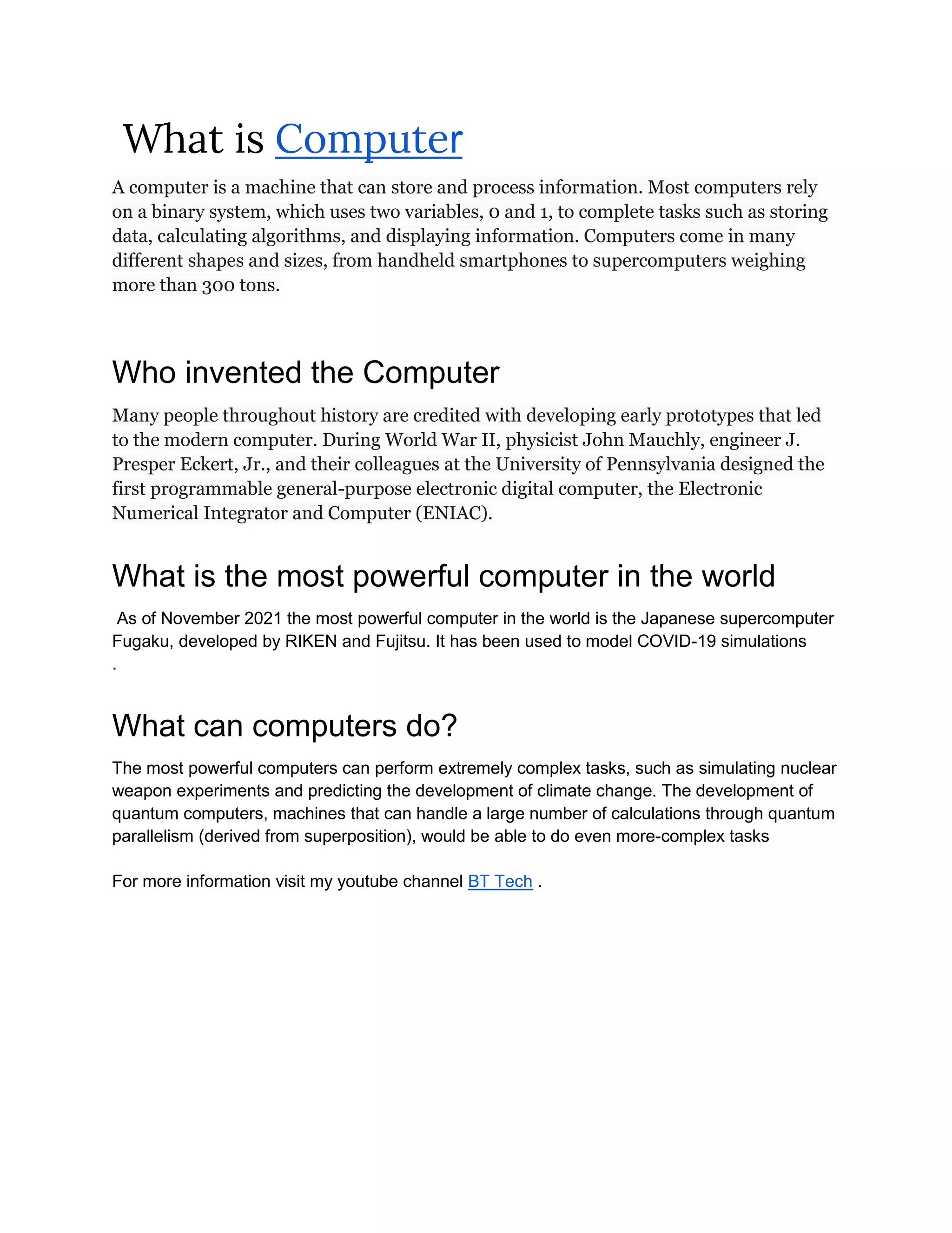 what is computer | DOCX | Computing | Technology & Computing