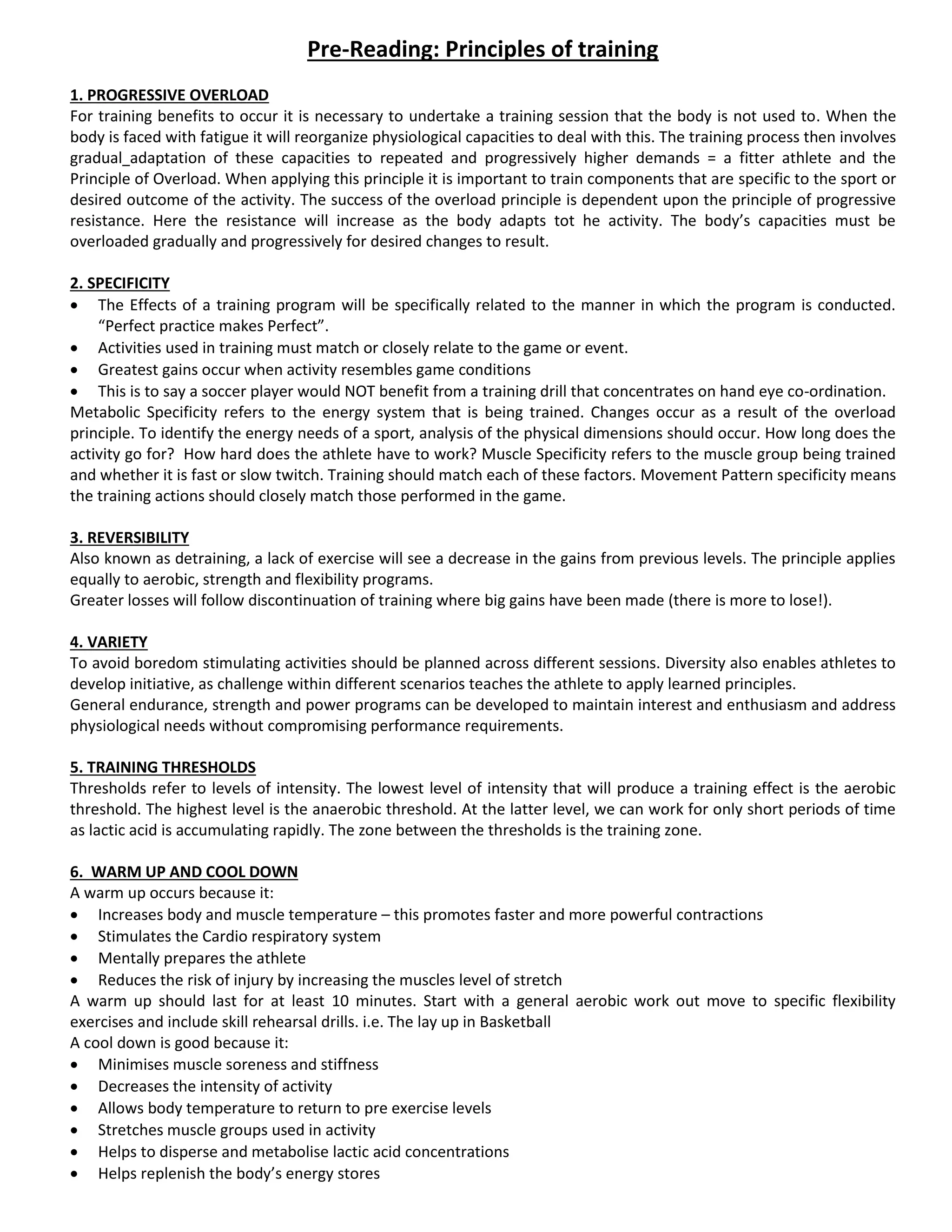 Pdhpe pre reading prinicples of training | PDF