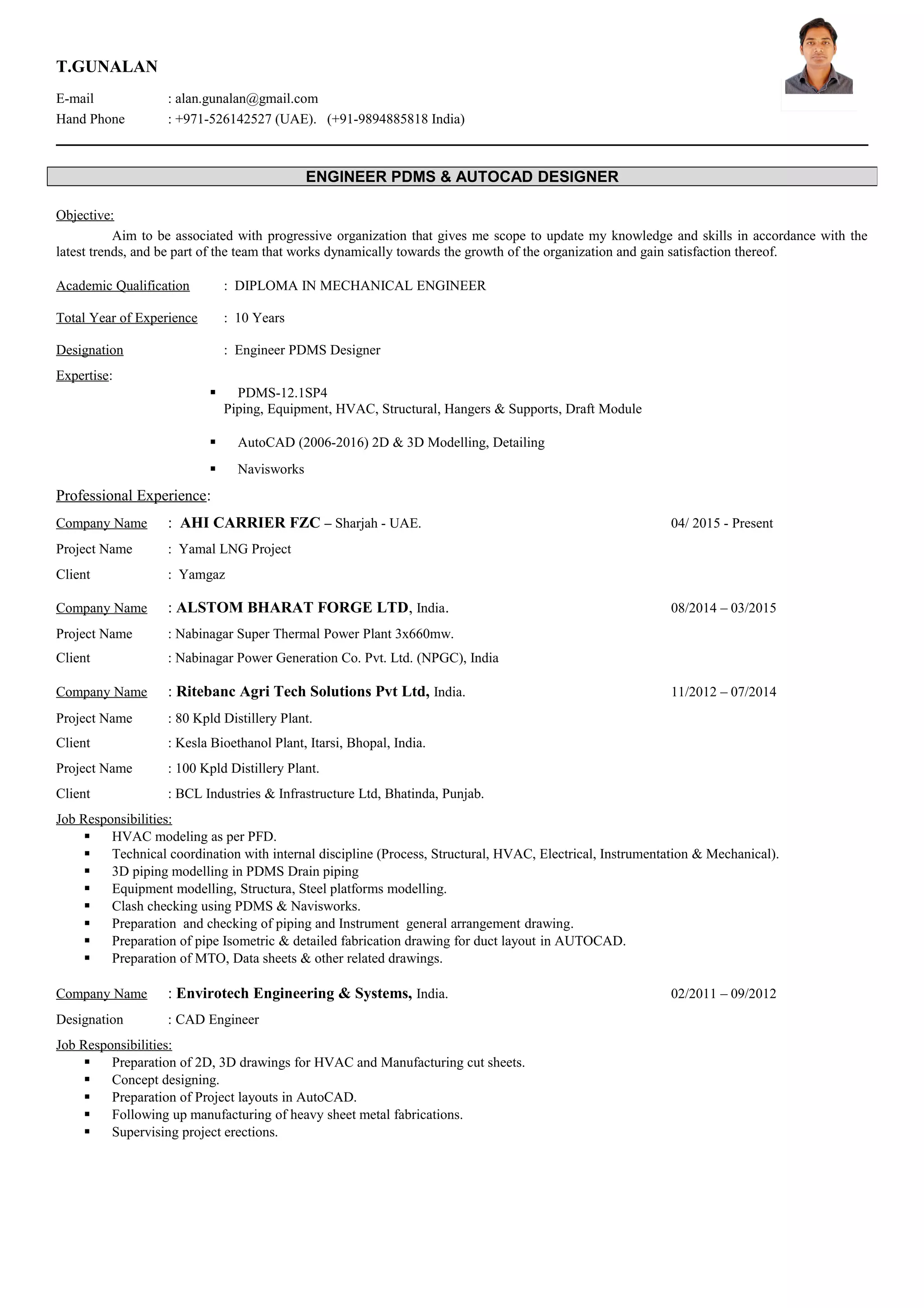 Pdms, autocad designer- resume-_t_gunalan | DOC | Civil Engineering ...