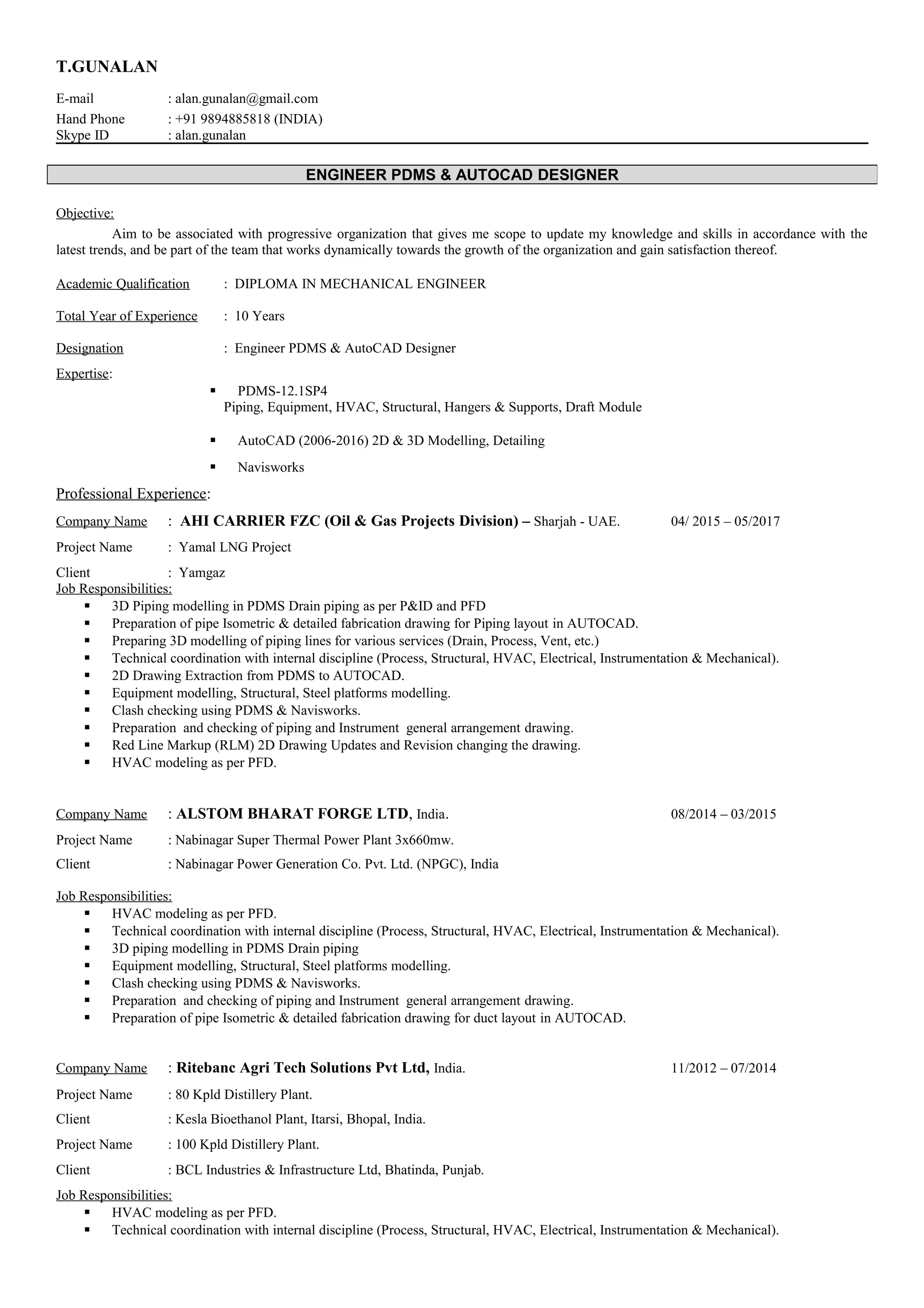 Pdms, autocad designer cv-_t_gunalan | PDF
