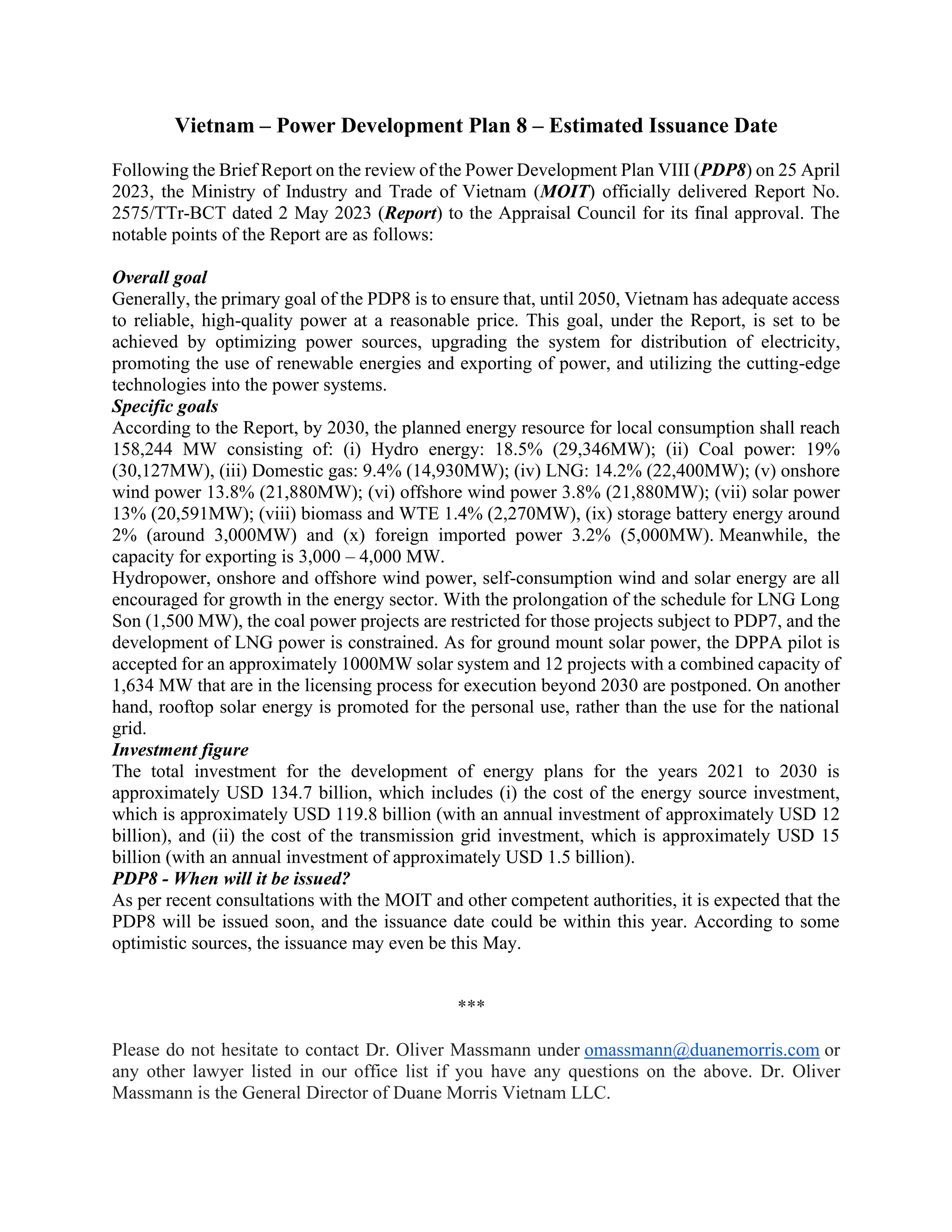 Vietnam – Power Development Plan 8 – Estimated Issuance Date | PDF