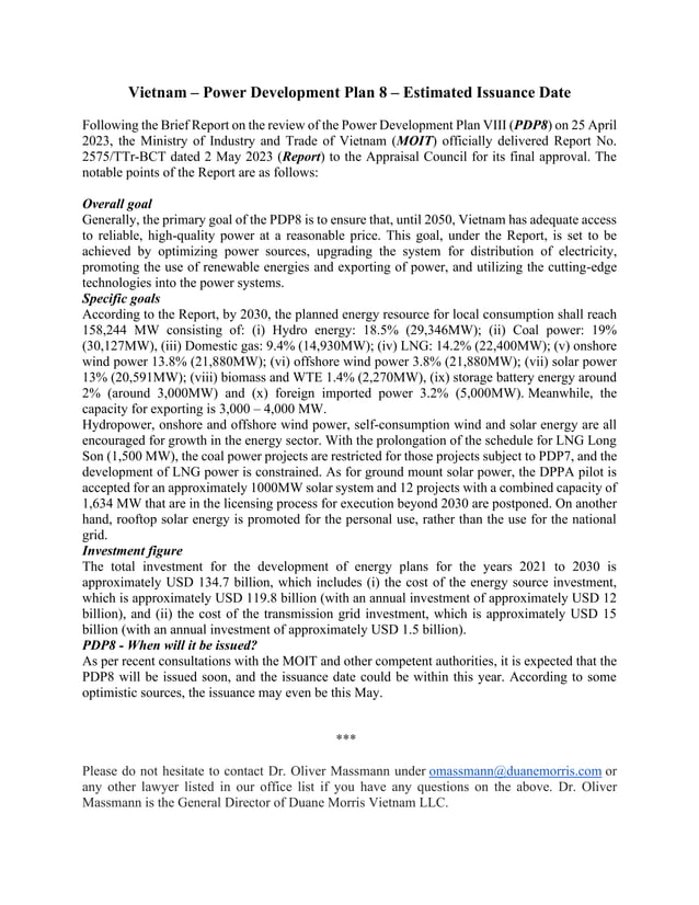 Vietnam – Power Development Plan 8 – Estimated Issuance Date | PDF