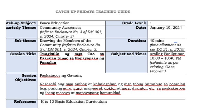 PEACE-Education catch up fridays orientation pptx | PPTX